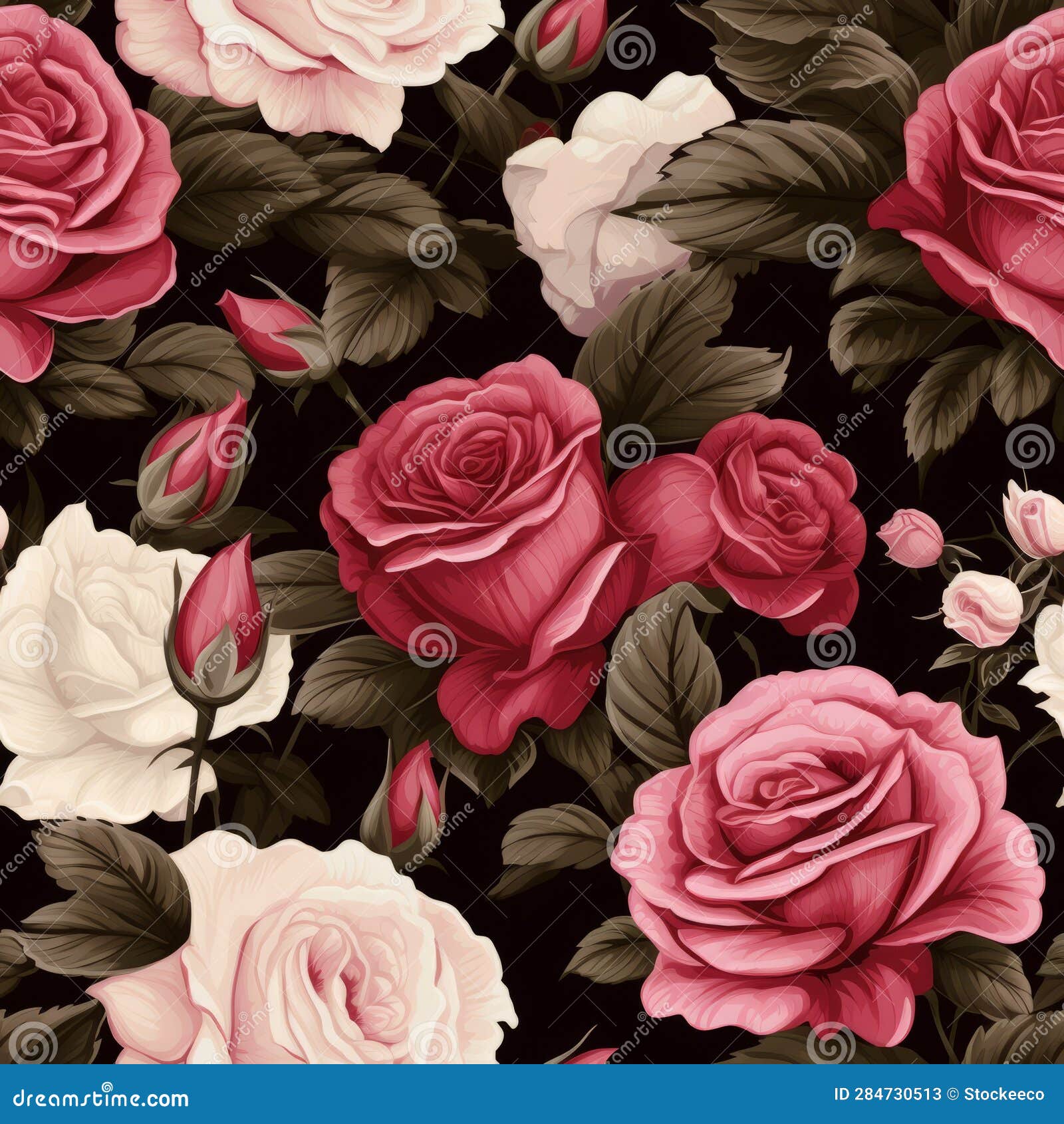 Seamless Rose Vector Pattern on Black Background Stock Illustration ...