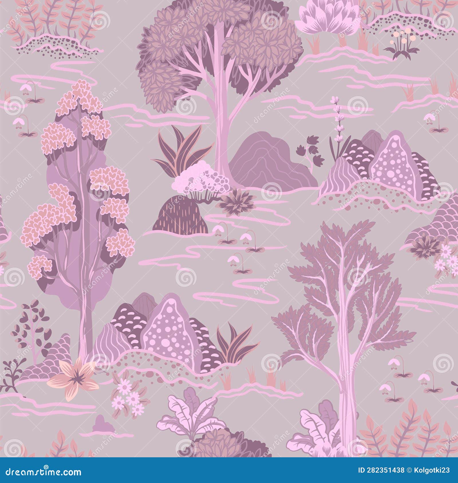 Seamless Rustic Pattern with Trees, Animals and Plants. Vector. Stock ...
