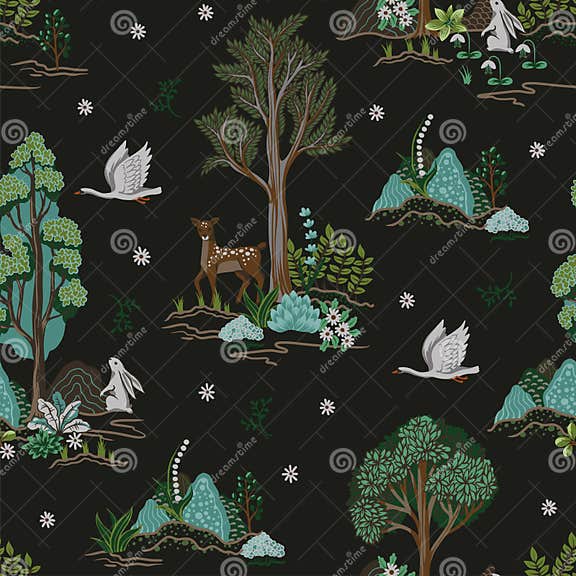 Seamless Rustic Pattern with Trees, Animals and Plants. Vector. Stock ...