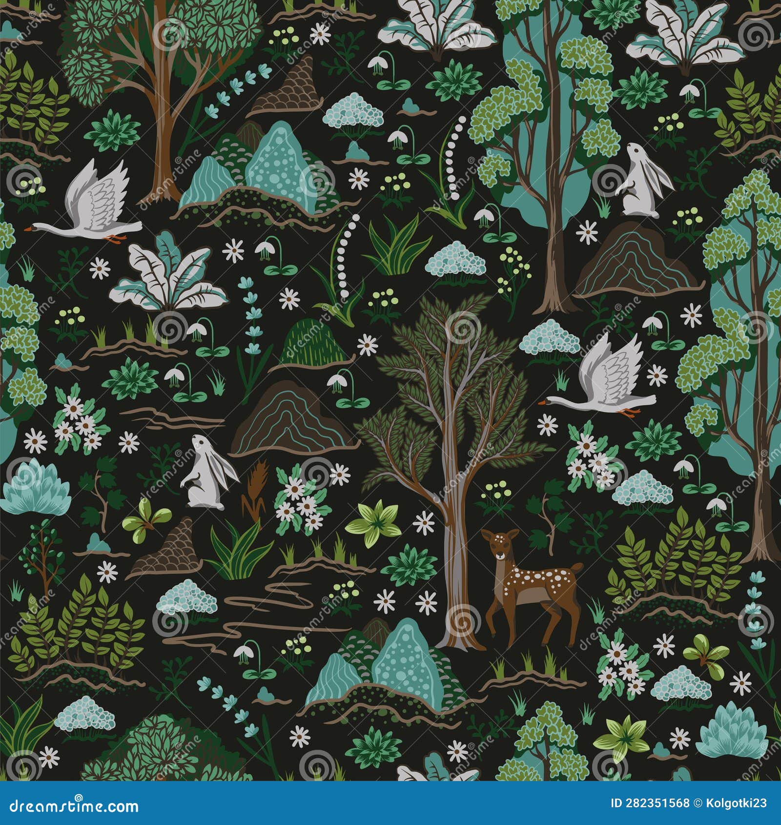 Seamless Rustic Pattern with Trees, Animals and Plants. Vector. Stock ...
