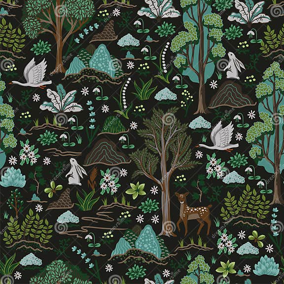 Seamless Rustic Pattern with Trees, Animals and Plants. Vector. Stock ...