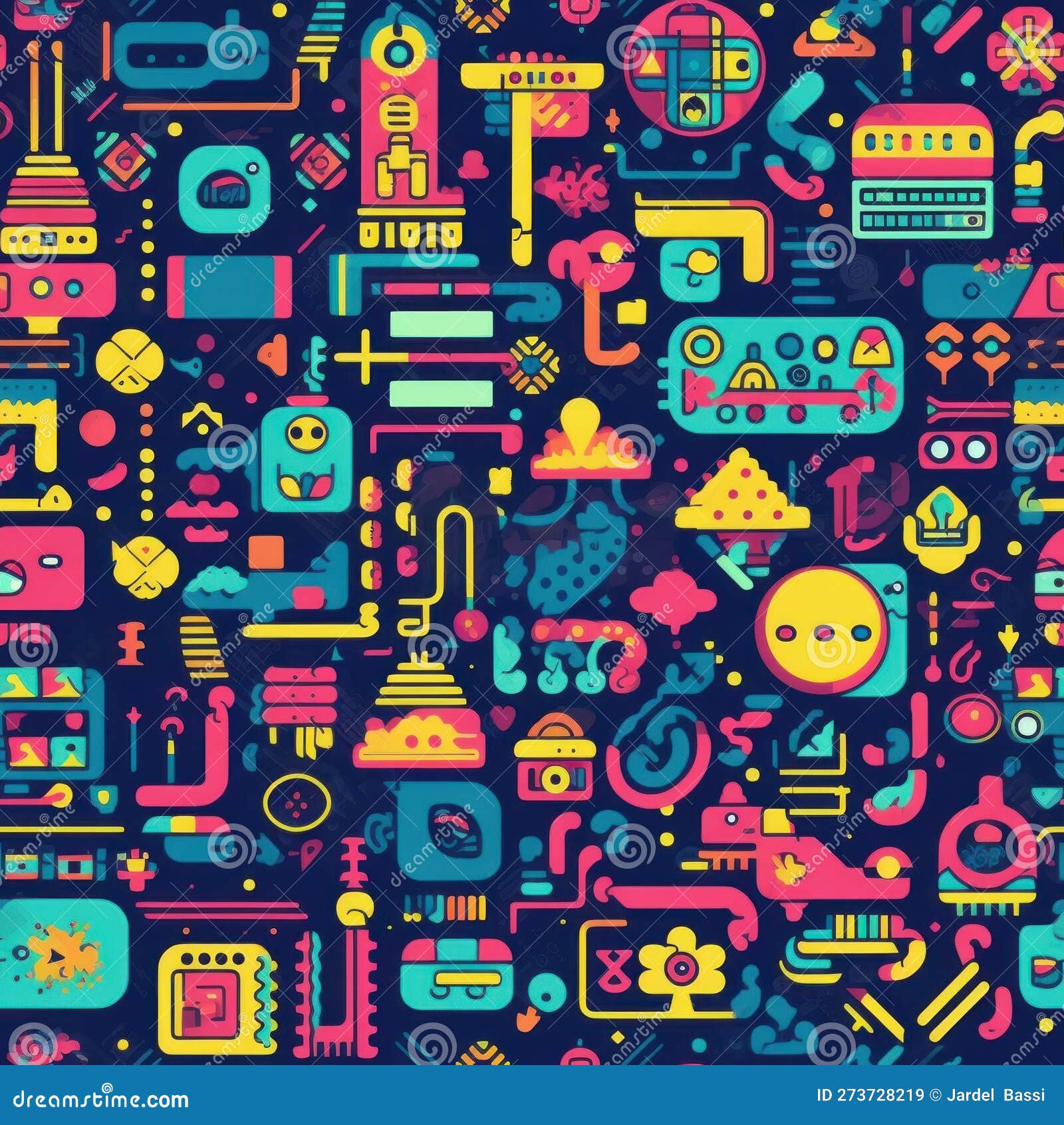 Seamless 80s Retro Pattern with Video Game Theme Stock Illustration ...