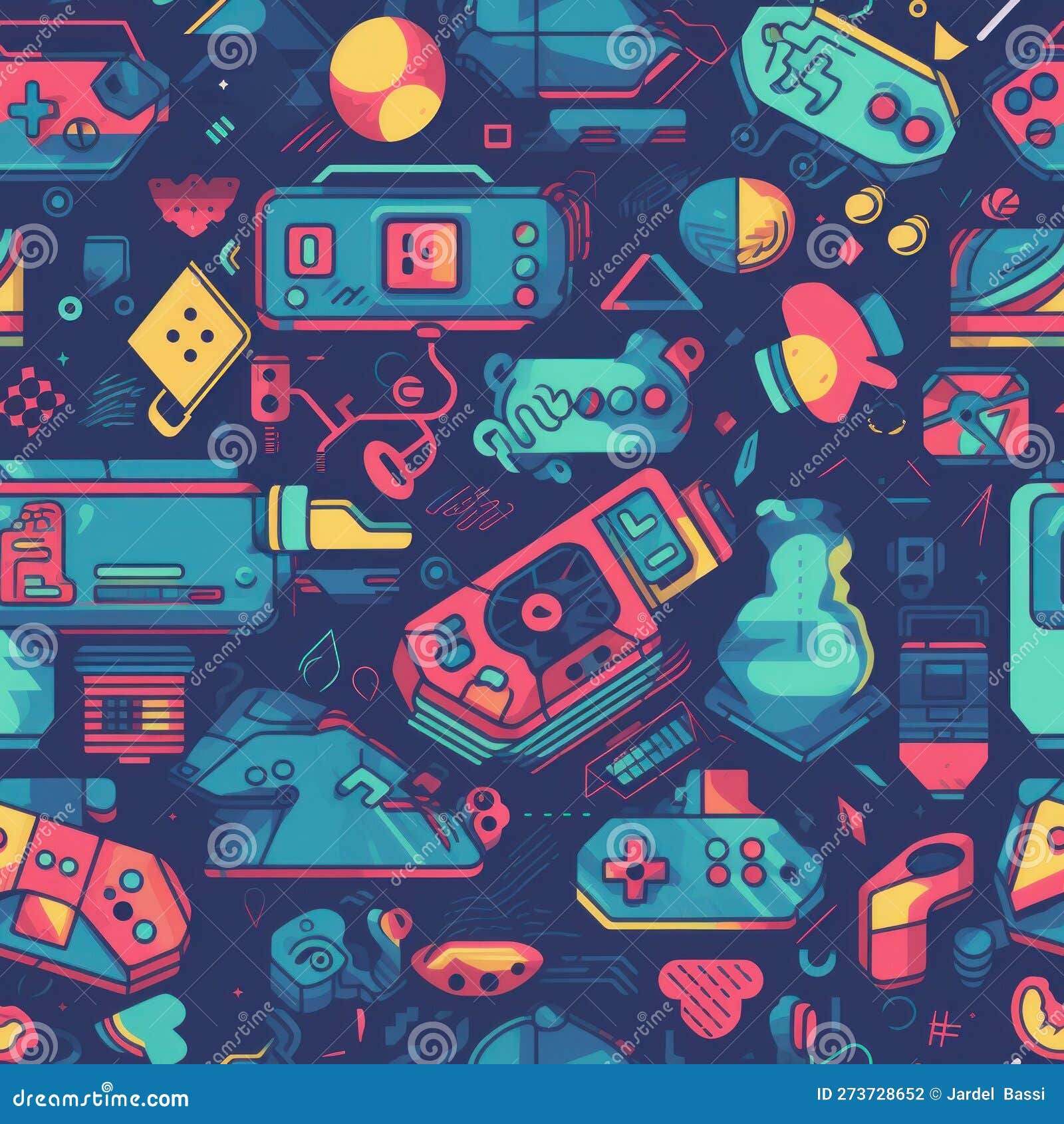 Seamless 80s Retro Pattern with Video Game Theme Stock Illustration ...