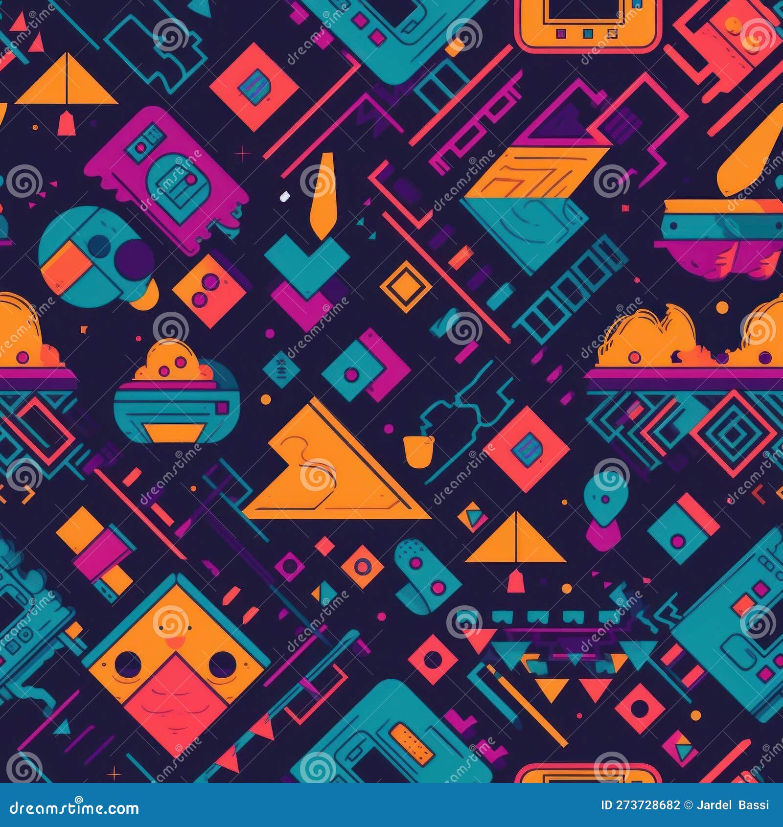 Seamless 80s Retro Pattern with Video Game Theme Stock Illustration ...