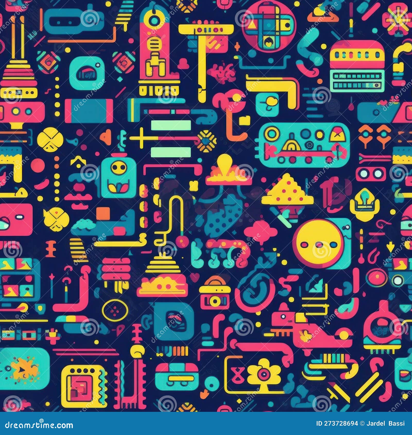 Seamless 80s Retro Pattern with Video Game Theme Stock Illustration ...