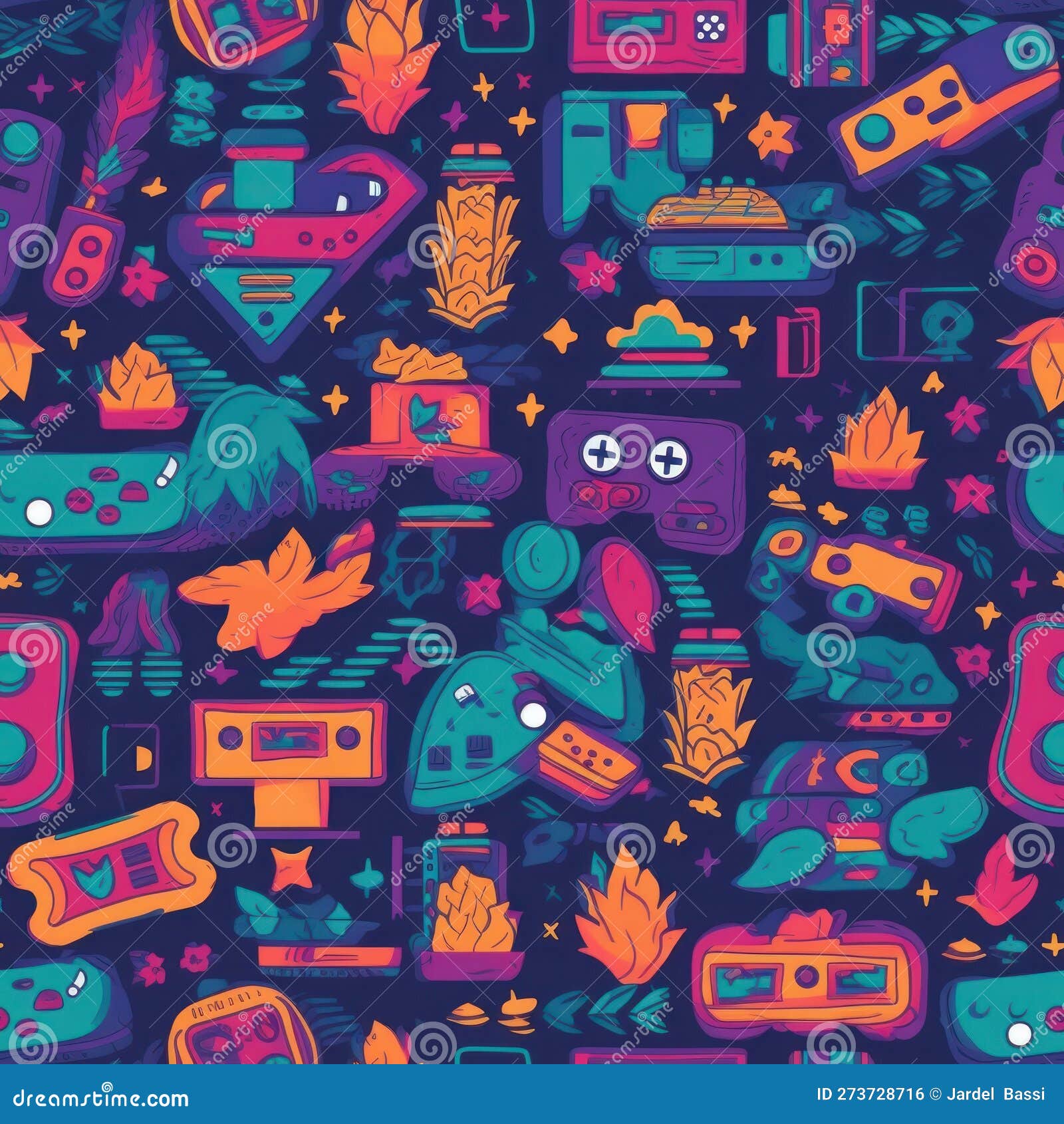 Seamless 80s Retro Pattern with Video Game Theme Stock Illustration ...