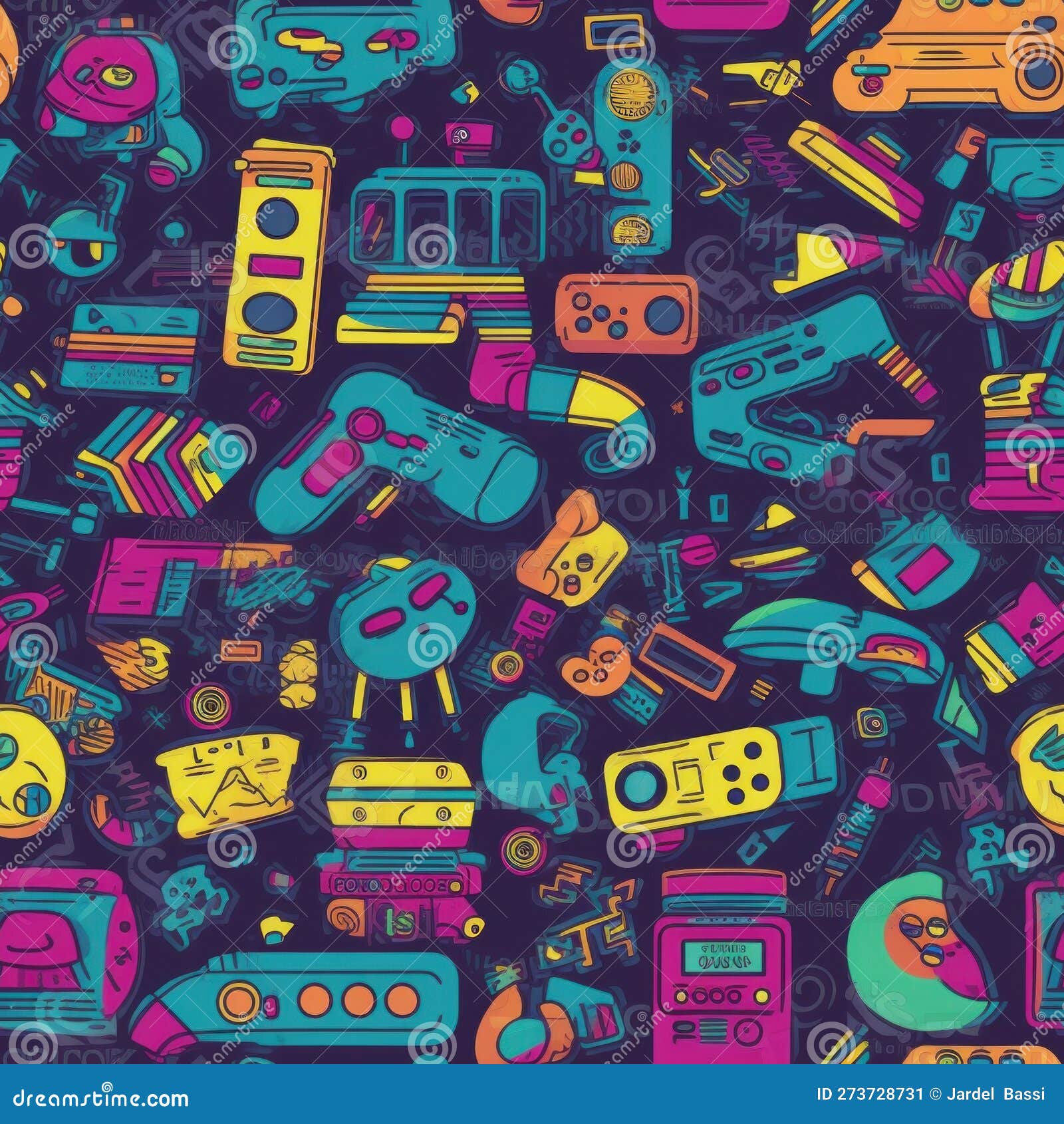 Seamless 80s Retro Pattern with Video Game Theme Stock Illustration ...