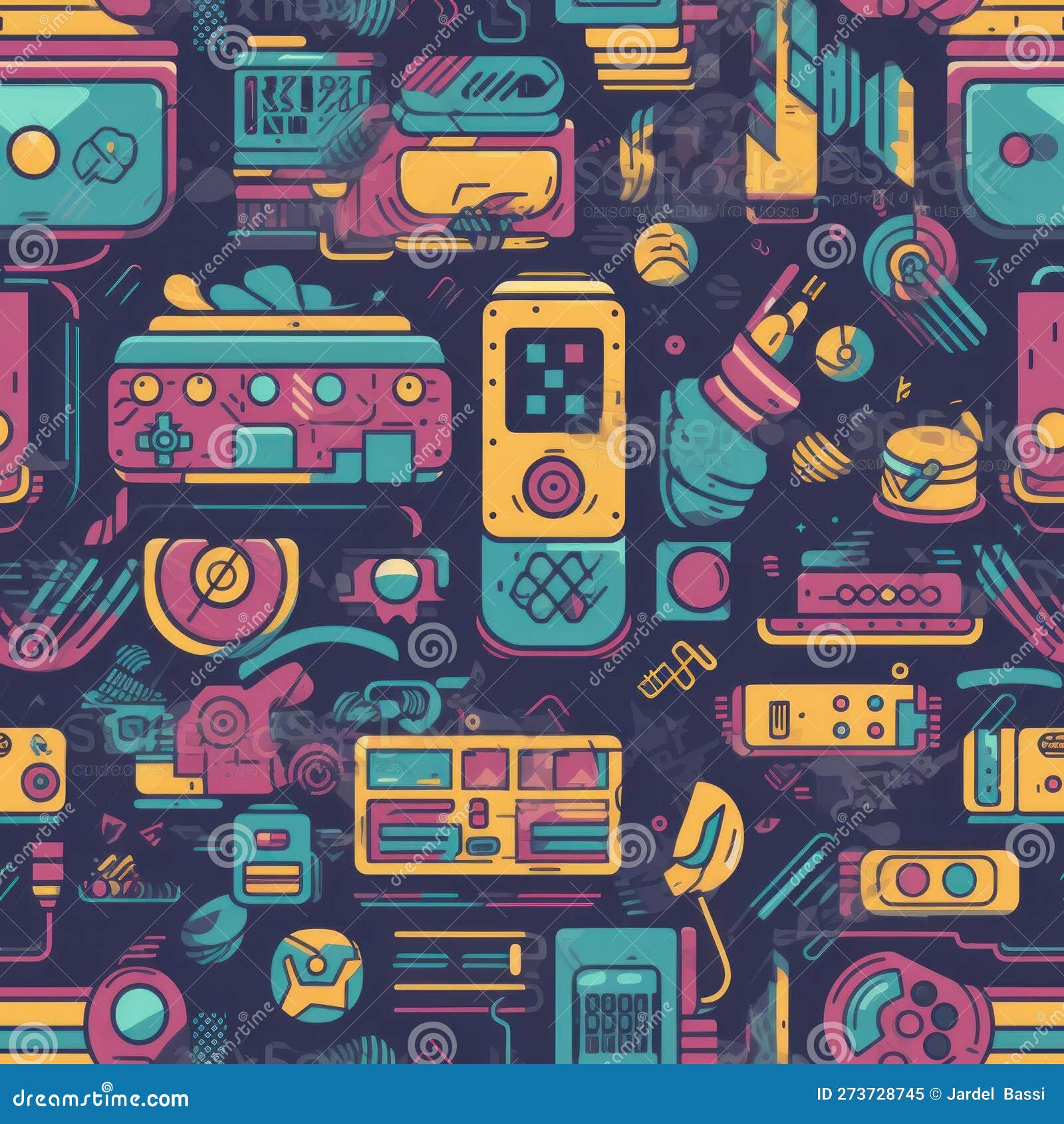Seamless 80s Retro Pattern with Video Game Theme Stock Illustration ...