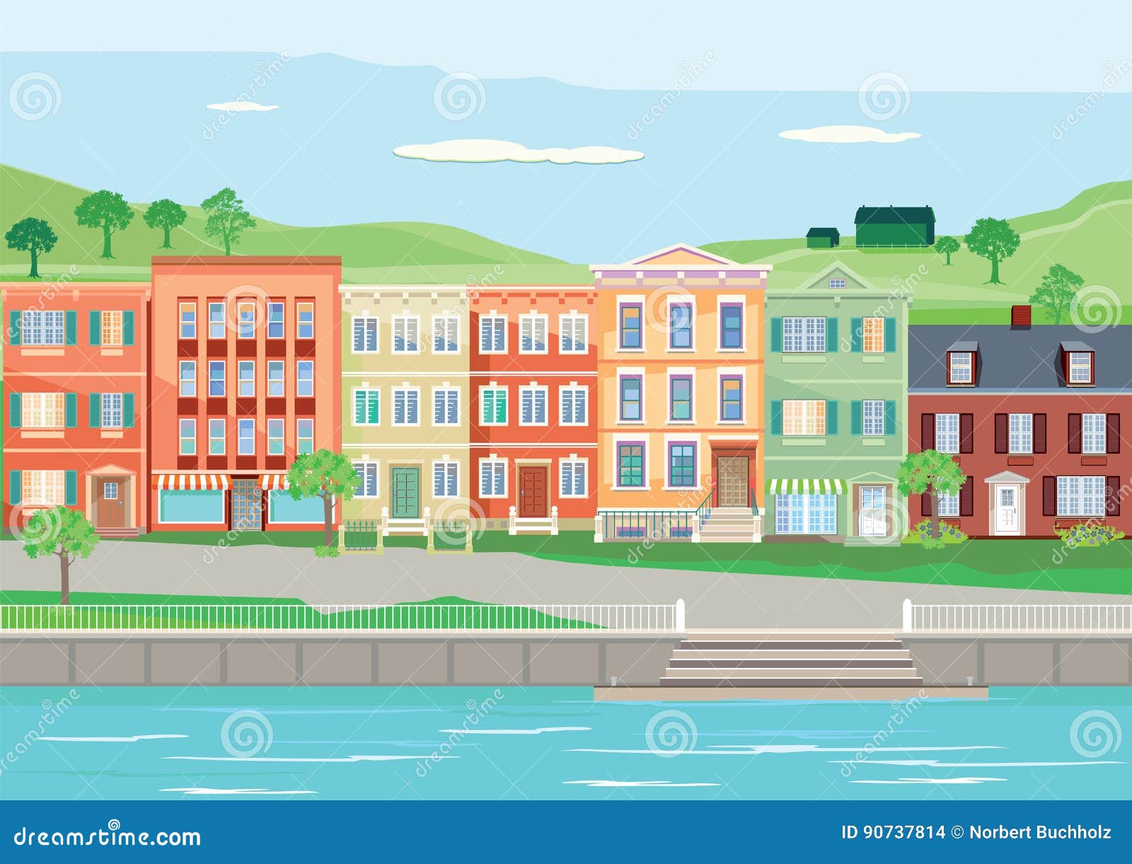 Seamless Scene with Houses Along River Stock Vector - Illustration of ...