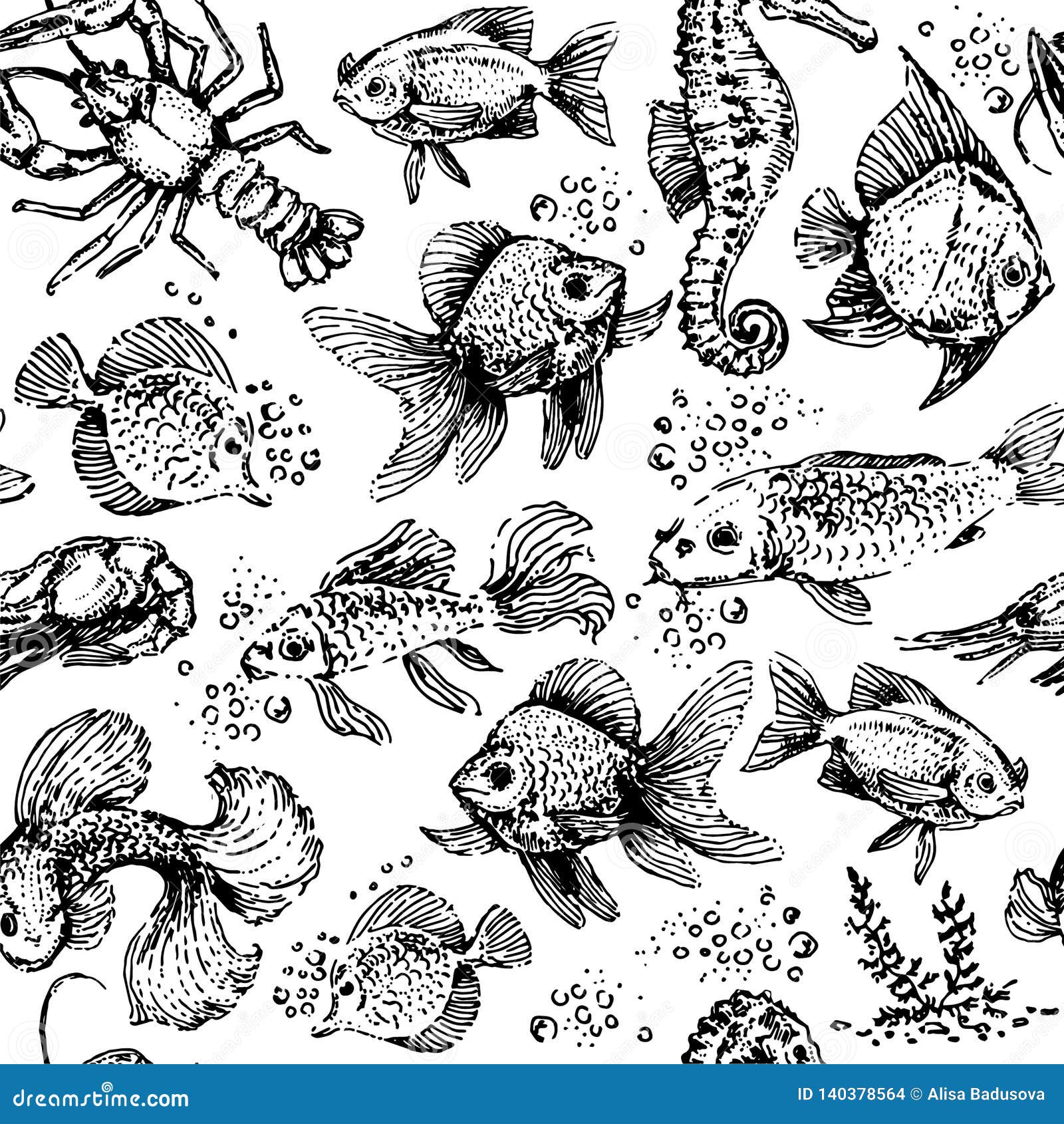 Seamless Sea Animals Pattern. Fish and Lobster Vector Illustration ...