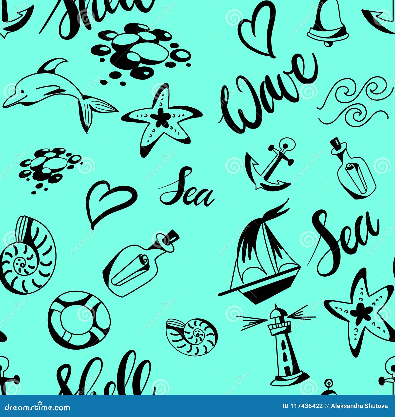 Seamless Sea Pattern. Hand Drawn Sea Sketch Set Stock Illustration ...