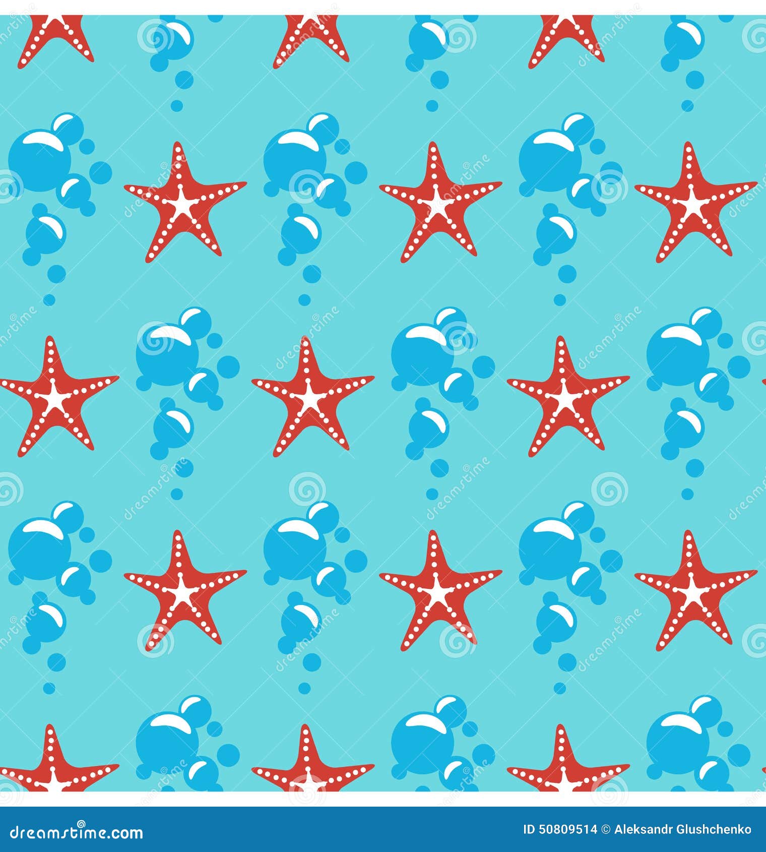 Seamless Sea Pattern. Red Starfish and Blue Bubbles on Blue Stock ...