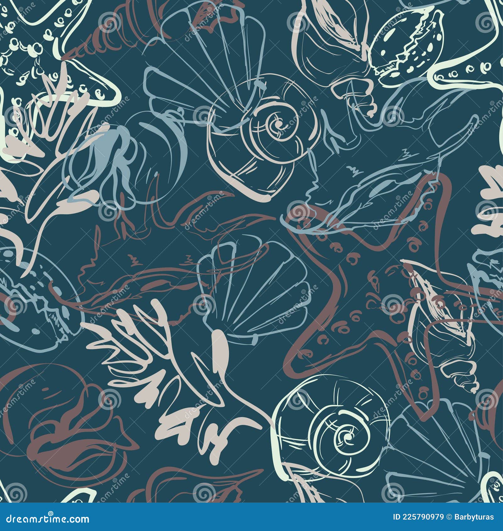 Seamless Seashell And Sand Wallpaper On White Background. Watercolor ...