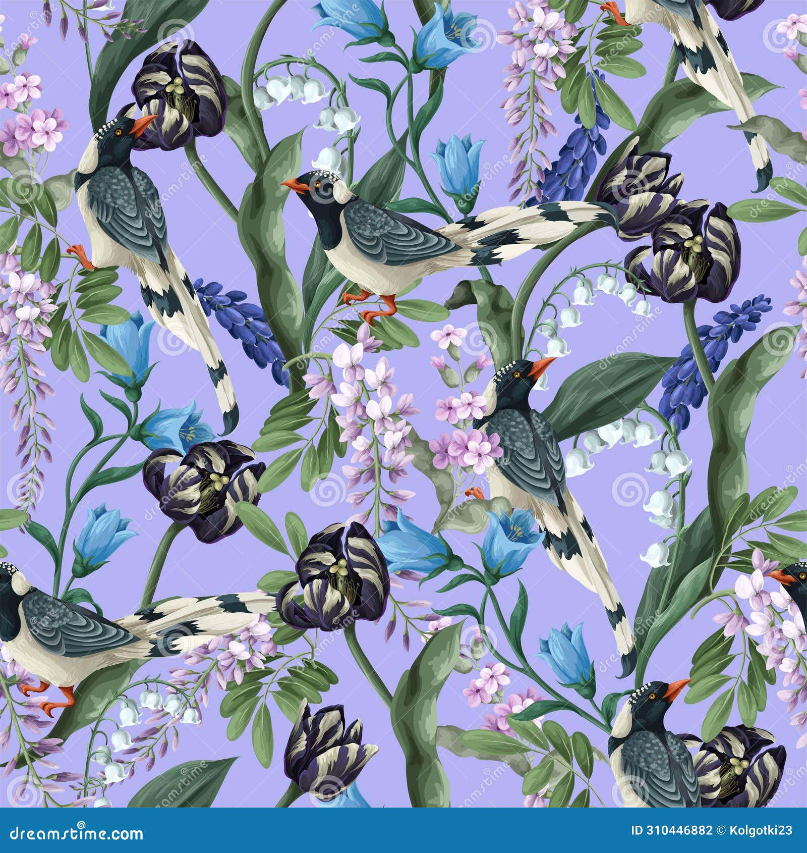 Seamless Sensitive Pattern with Magpies and Tulips. Vector. Stock ...