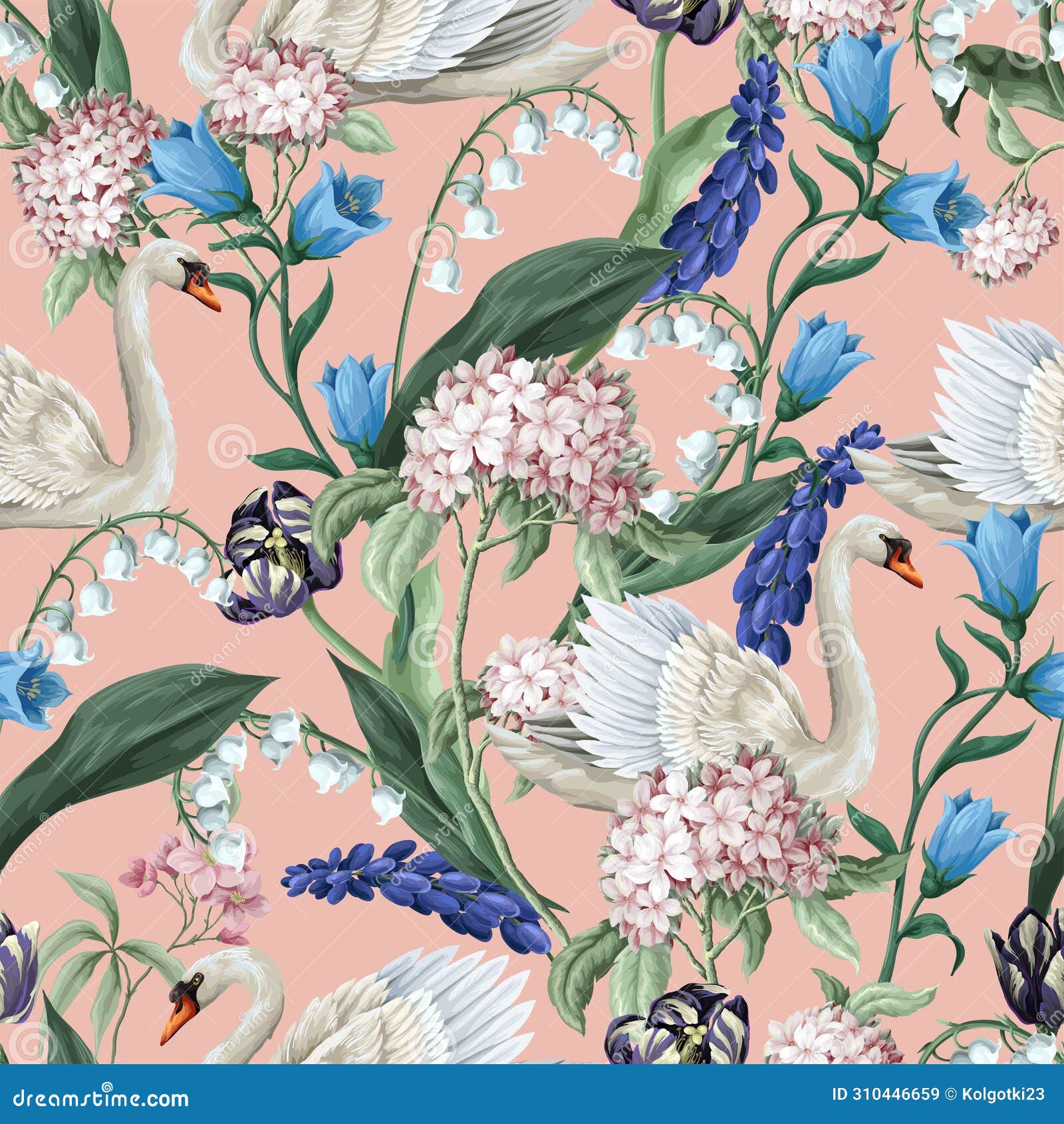 Seamless Sensitive Pattern with Swan and Flowers. Vector. Stock Vector ...