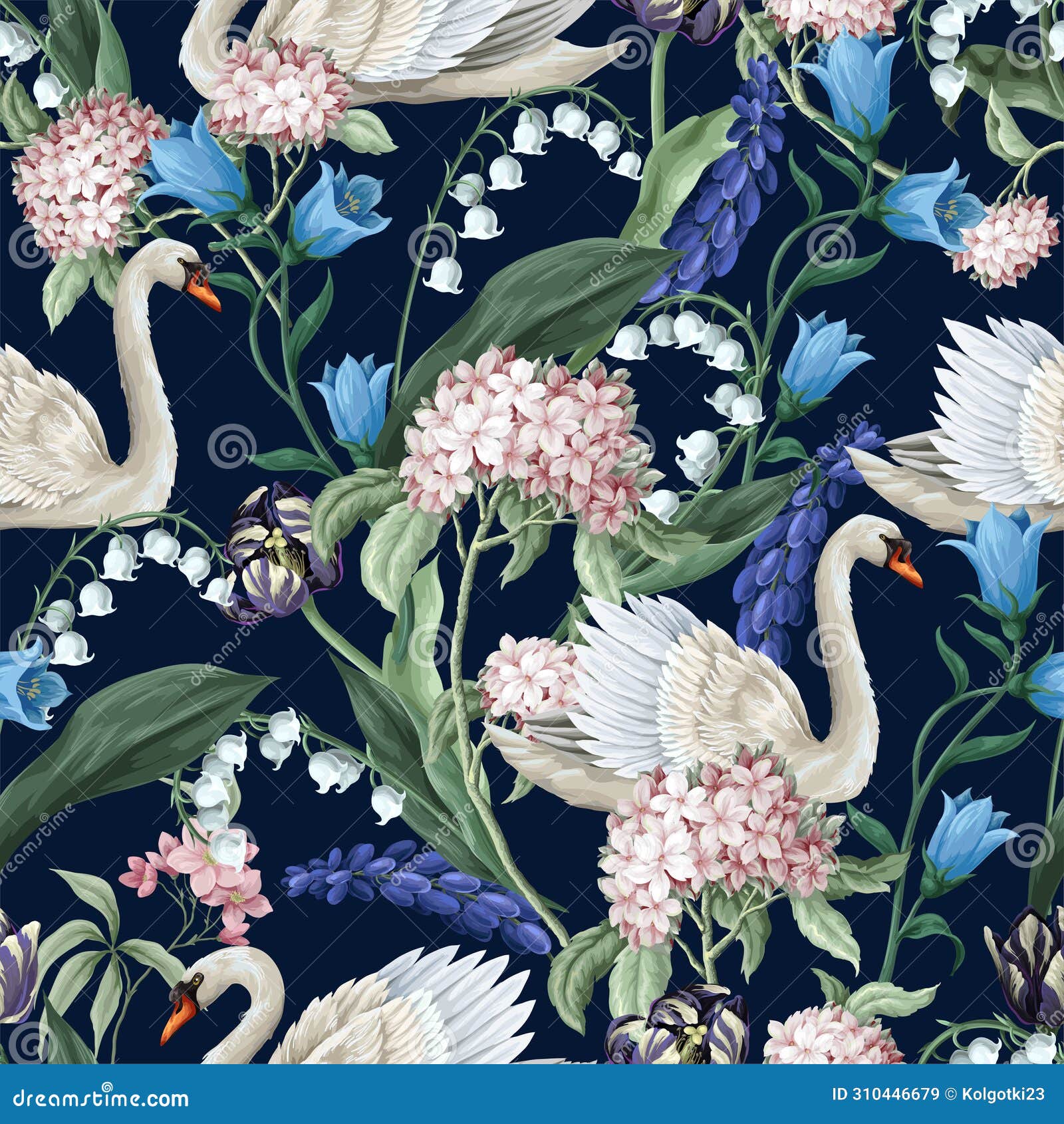 Seamless Sensitive Pattern with Swan and Flowers. Vector. Stock Vector ...