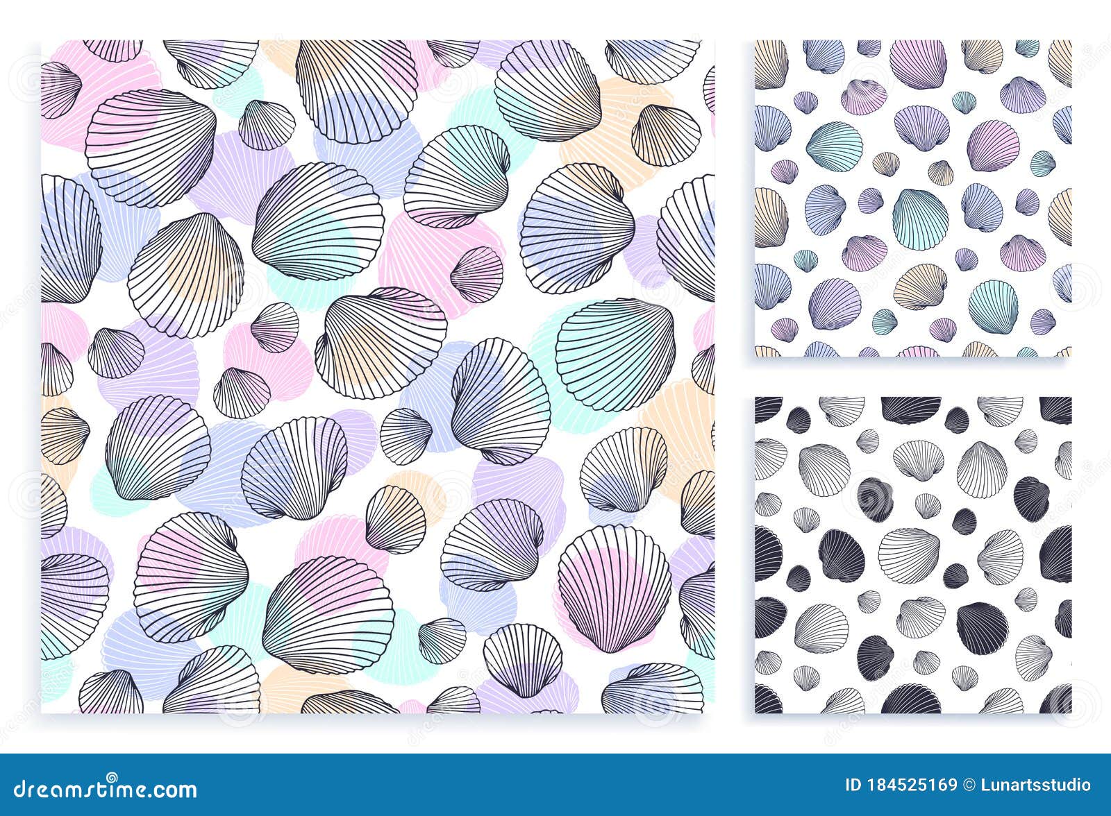 Seamless Set Pattern. Vector Illustration of Hand Drawn Seashells in ...