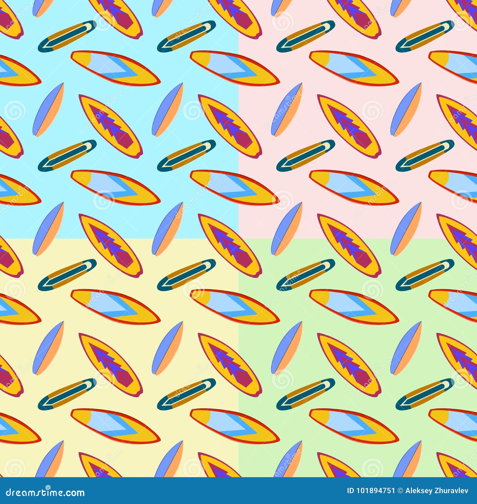 Seamless Set Pattern with Vintage Surfboards on Color Background. Flat ...