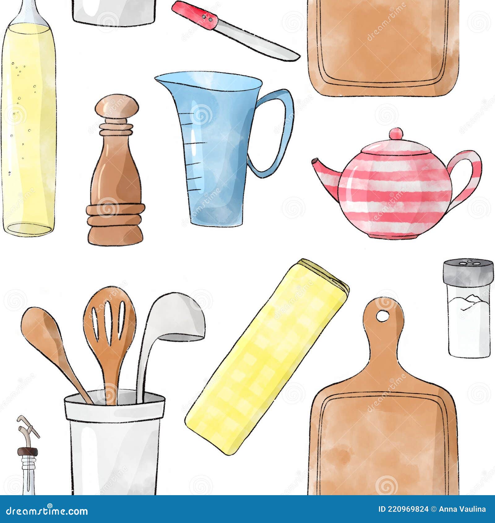 Seamless Sketch Pattern with Cartoony Kitchenware on White Background ...