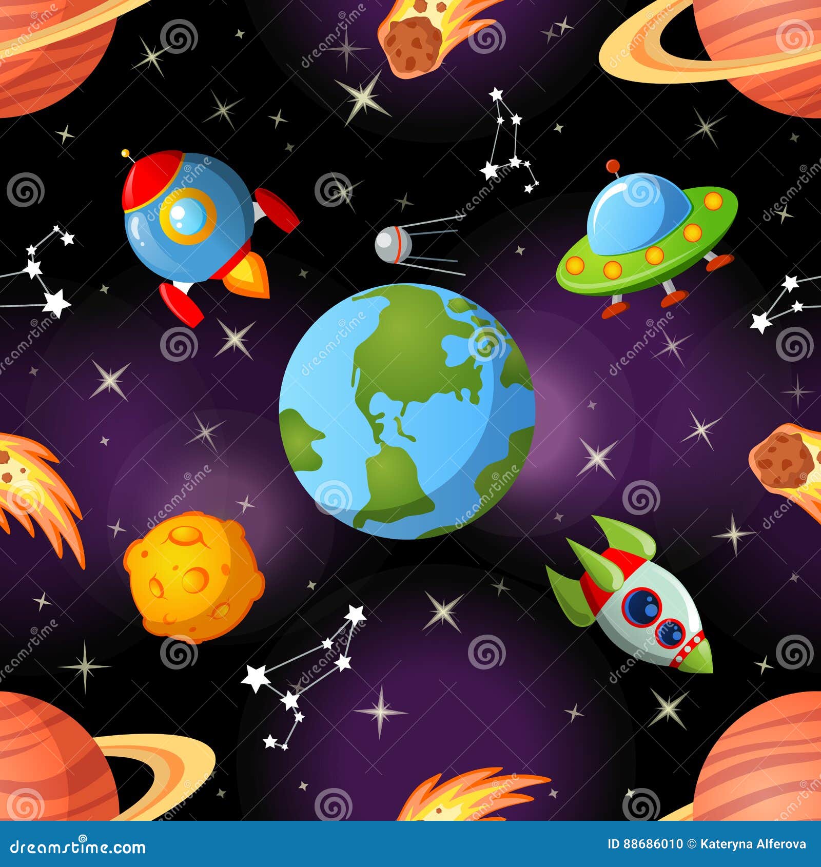 Seamless Space Pattern with Earth, Saturn, UFO, Rockets Moon and Stars ...