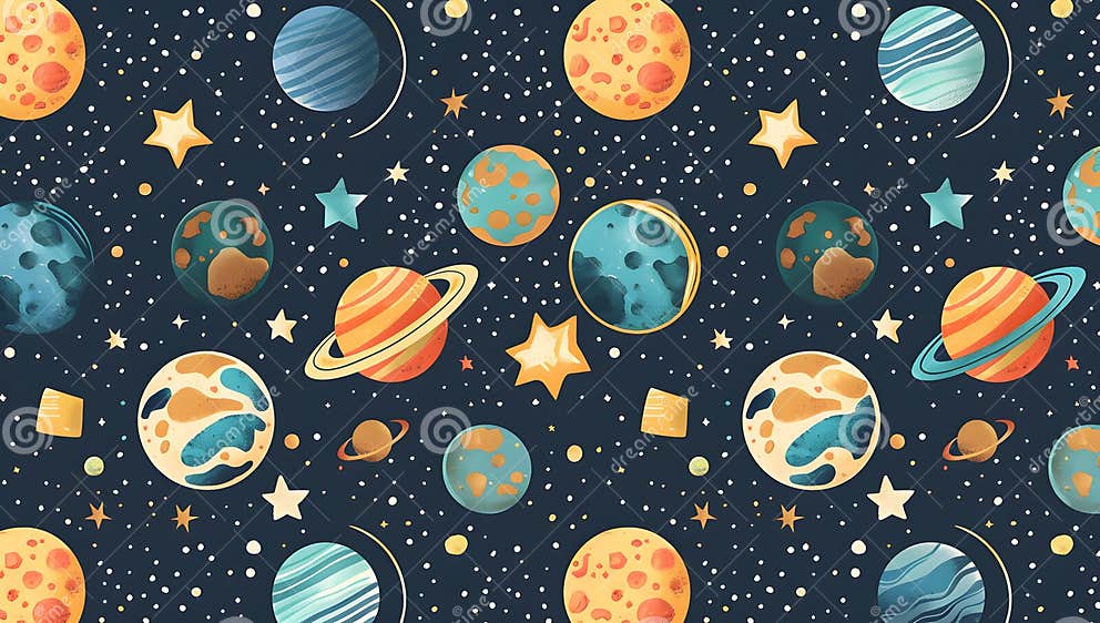 Seamless Space Pattern with Planets, Stars, and Comets Stock Photo ...