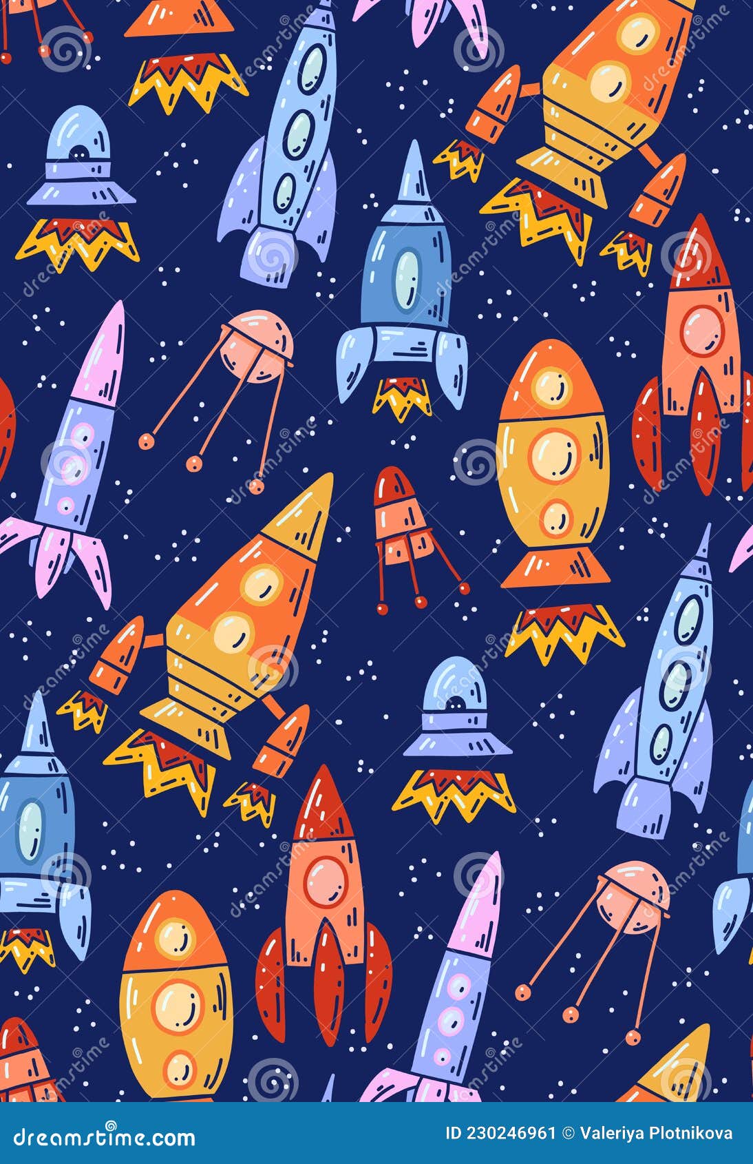 Seamless Space Texture with Outline Cartoon Spaceships and Dots on a ...