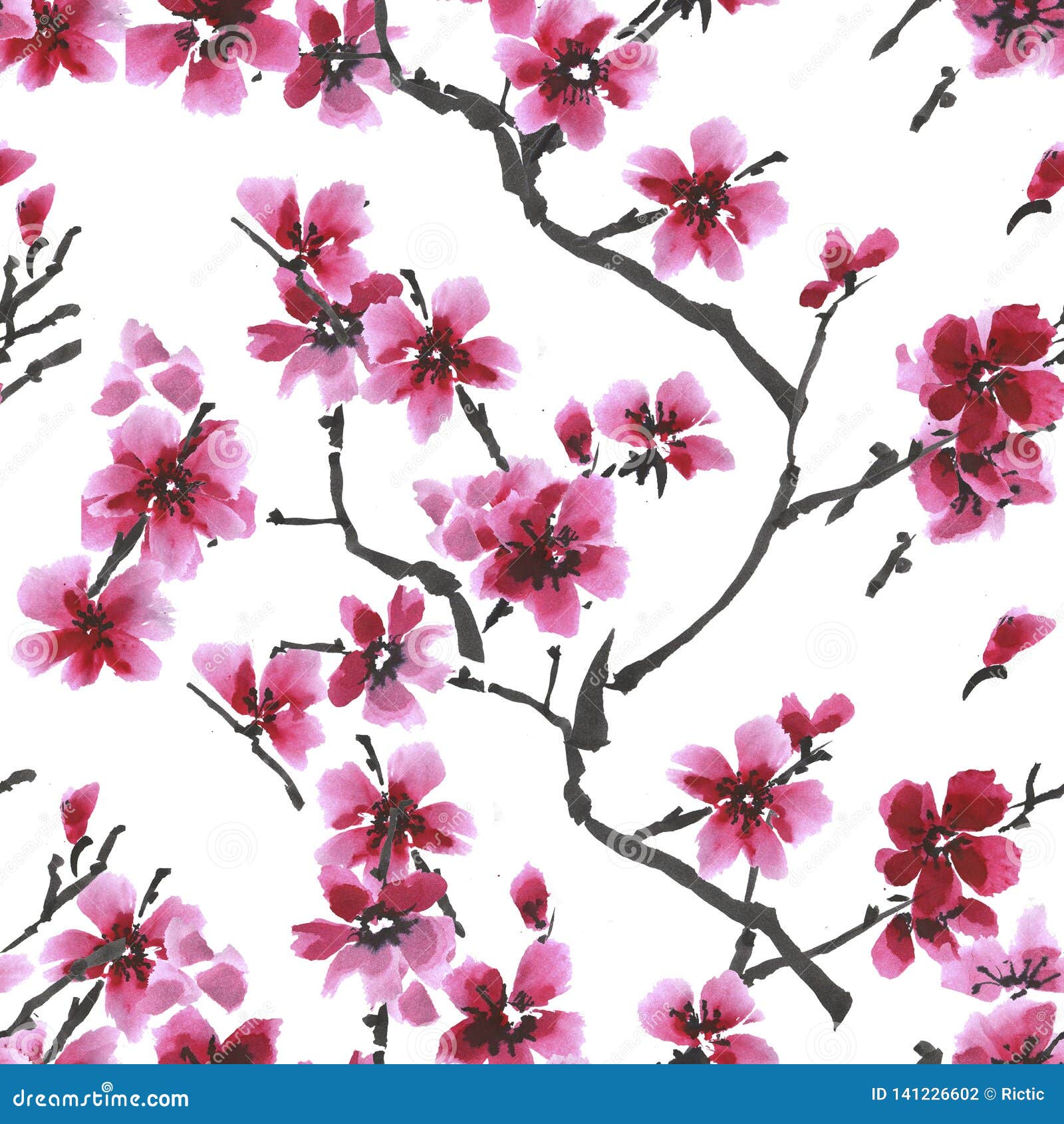 Sakura Tree. Blooming Cherry Seamless Pattern on White Stock ...