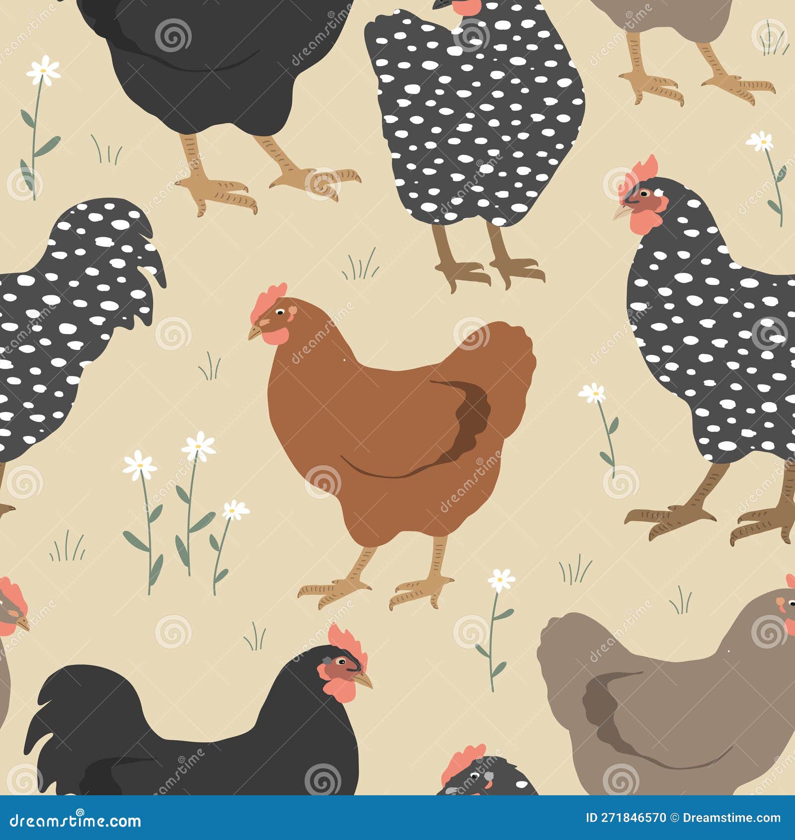Seamless Spring Pattern with Cute Chickens and Flowers. Vector Graphic ...