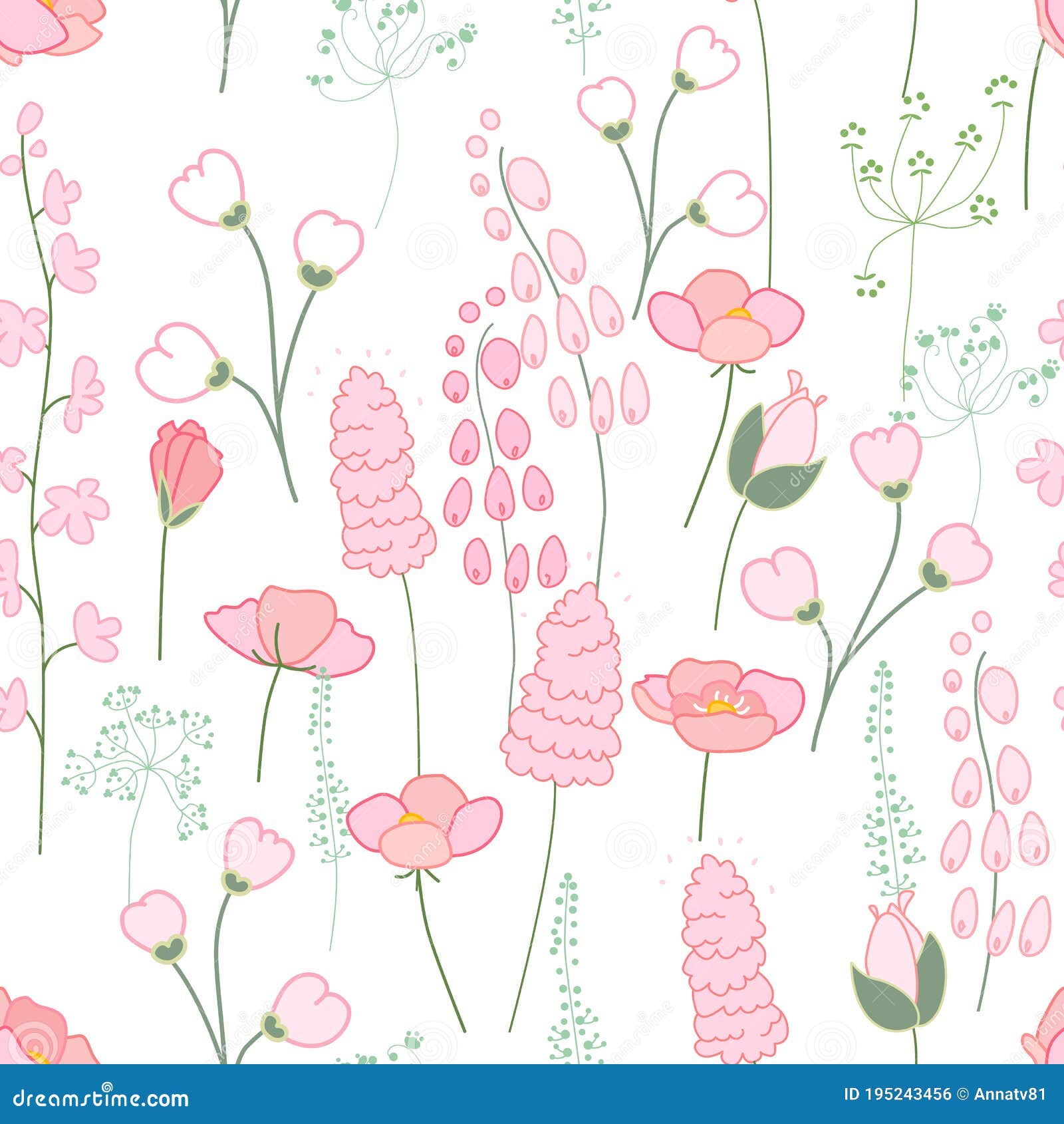 Seamless Spring Pattern with Stylized Cute Pink Flowers. Endless ...