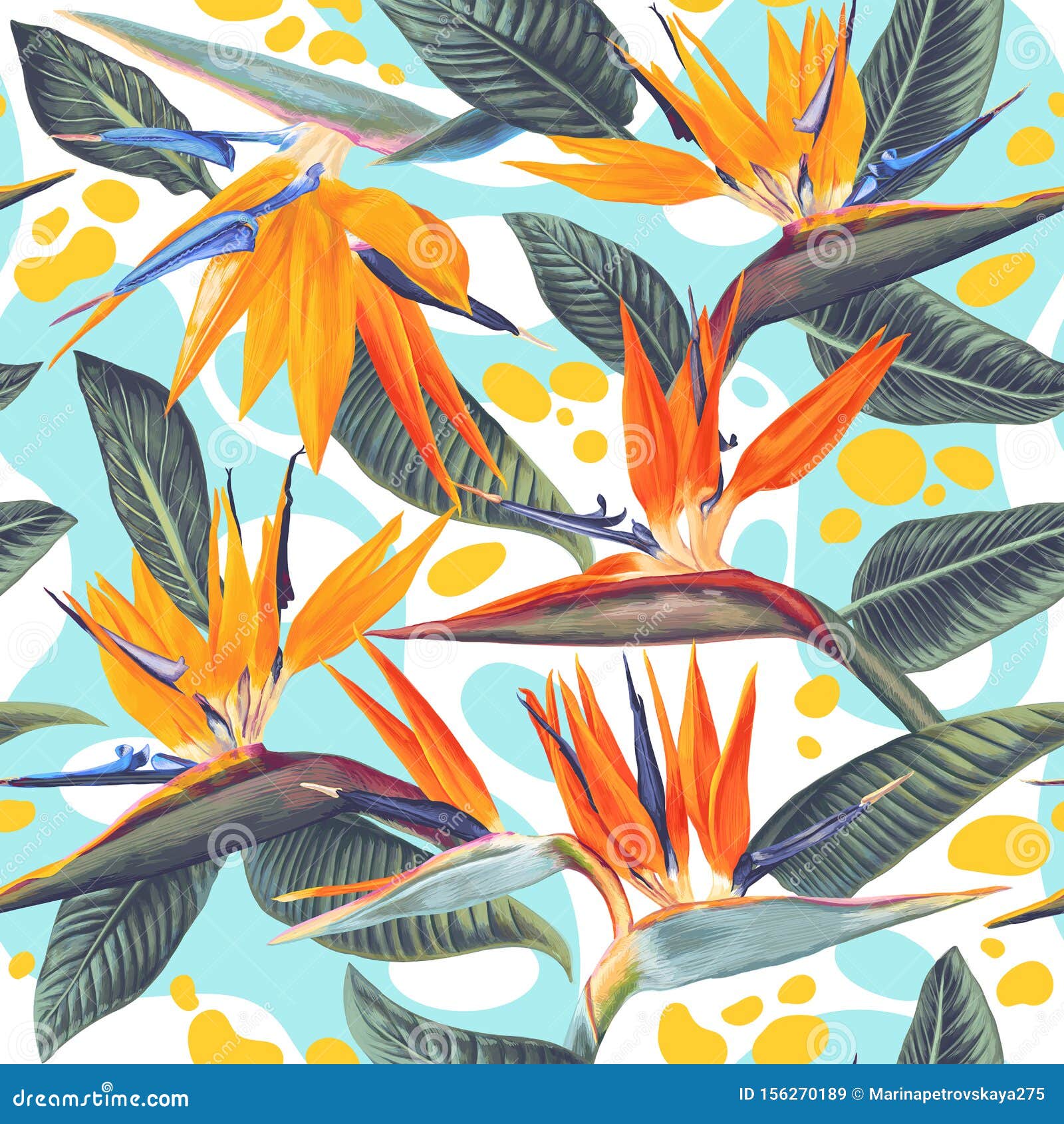 Seamless Pattern with Bright Color Splashes and Tropical Flowers and ...