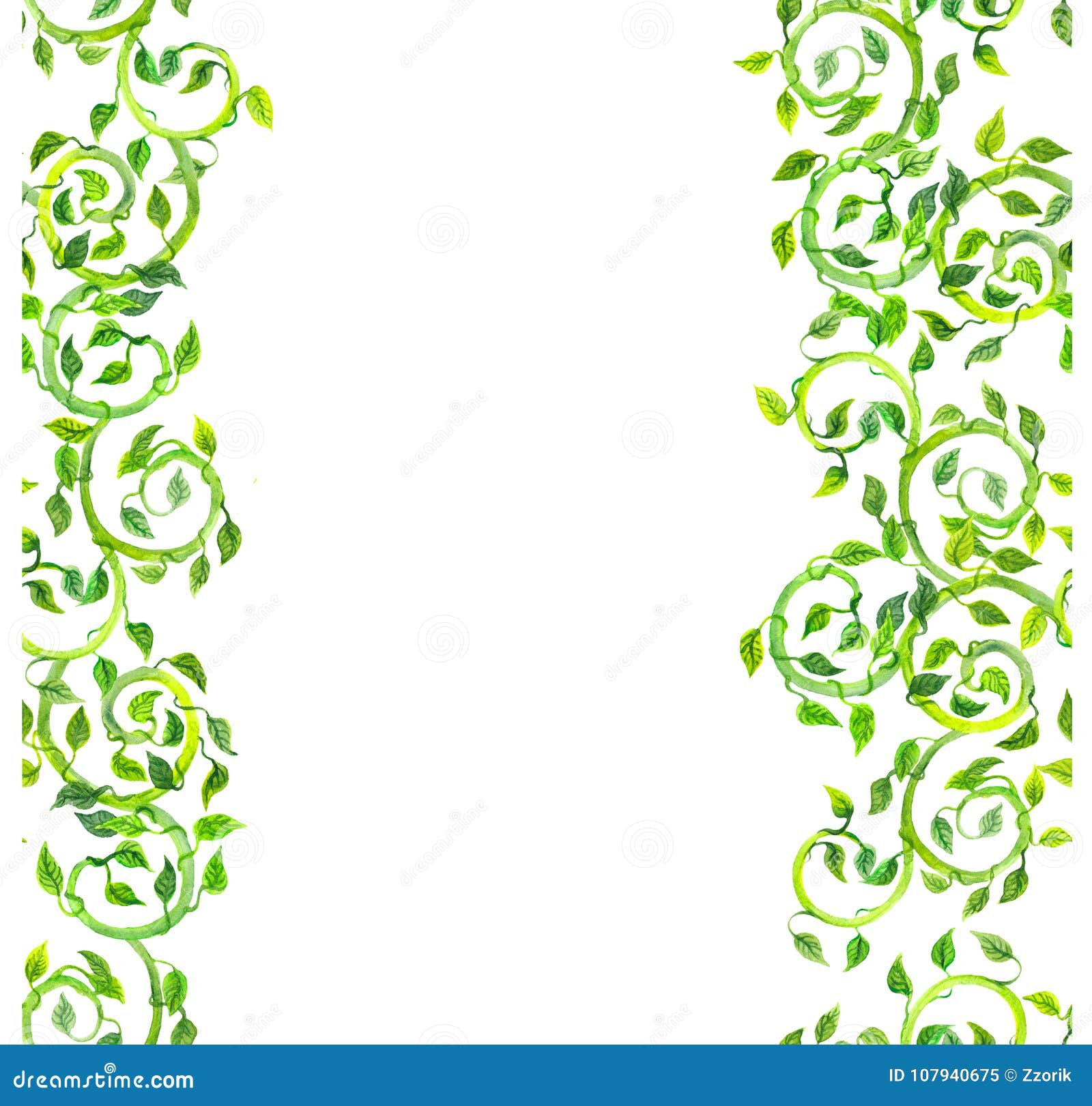 Seamless Strip Edging of Green Lines with Scrolls, Leaves . Watercolor ...