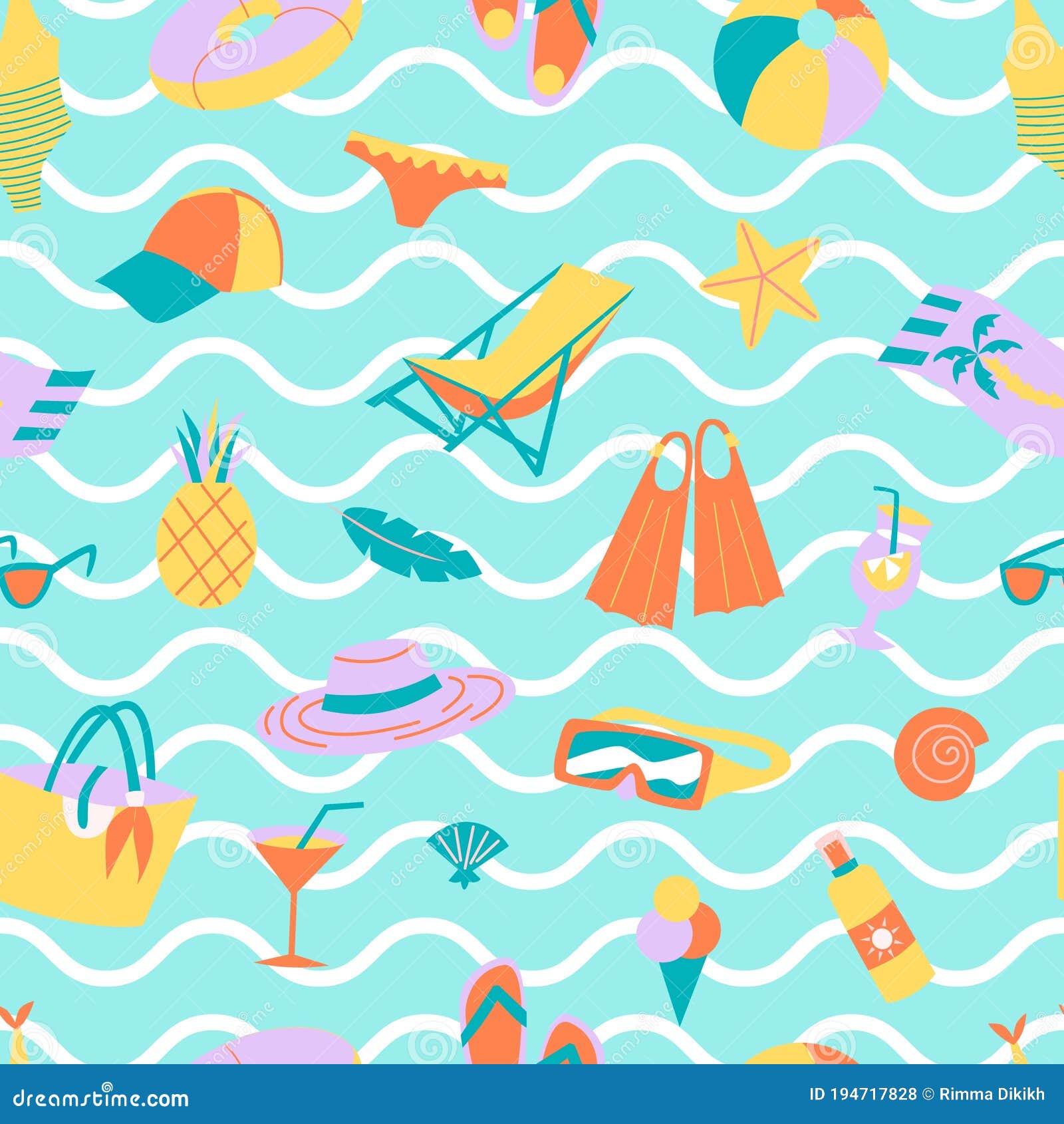 Seamless Pattern with Waves and Beach Holiday Elements. Stock Vector ...