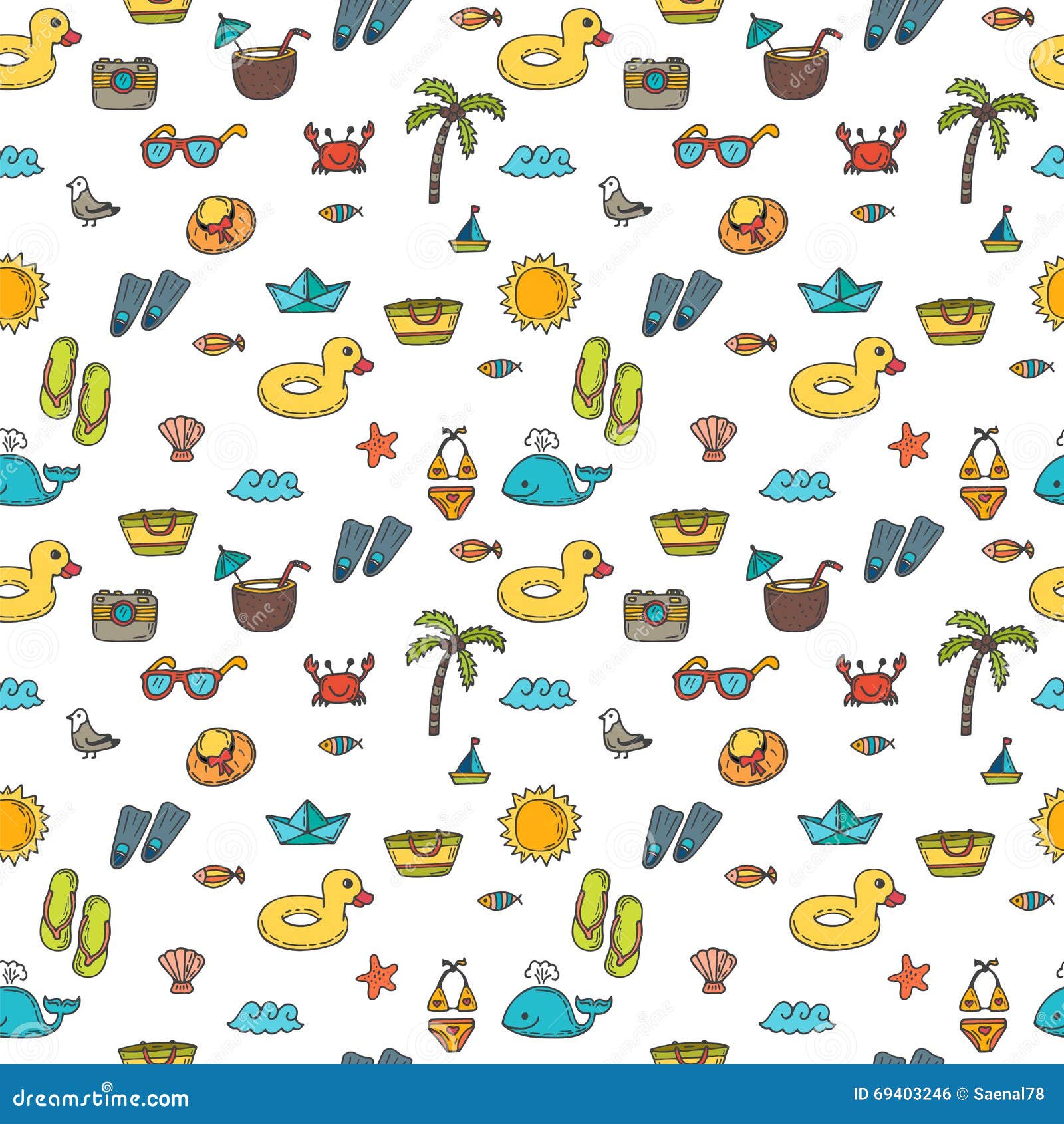Seamless Summer Pattern with Hand Drawn Beach Icons. Vector Beach ...