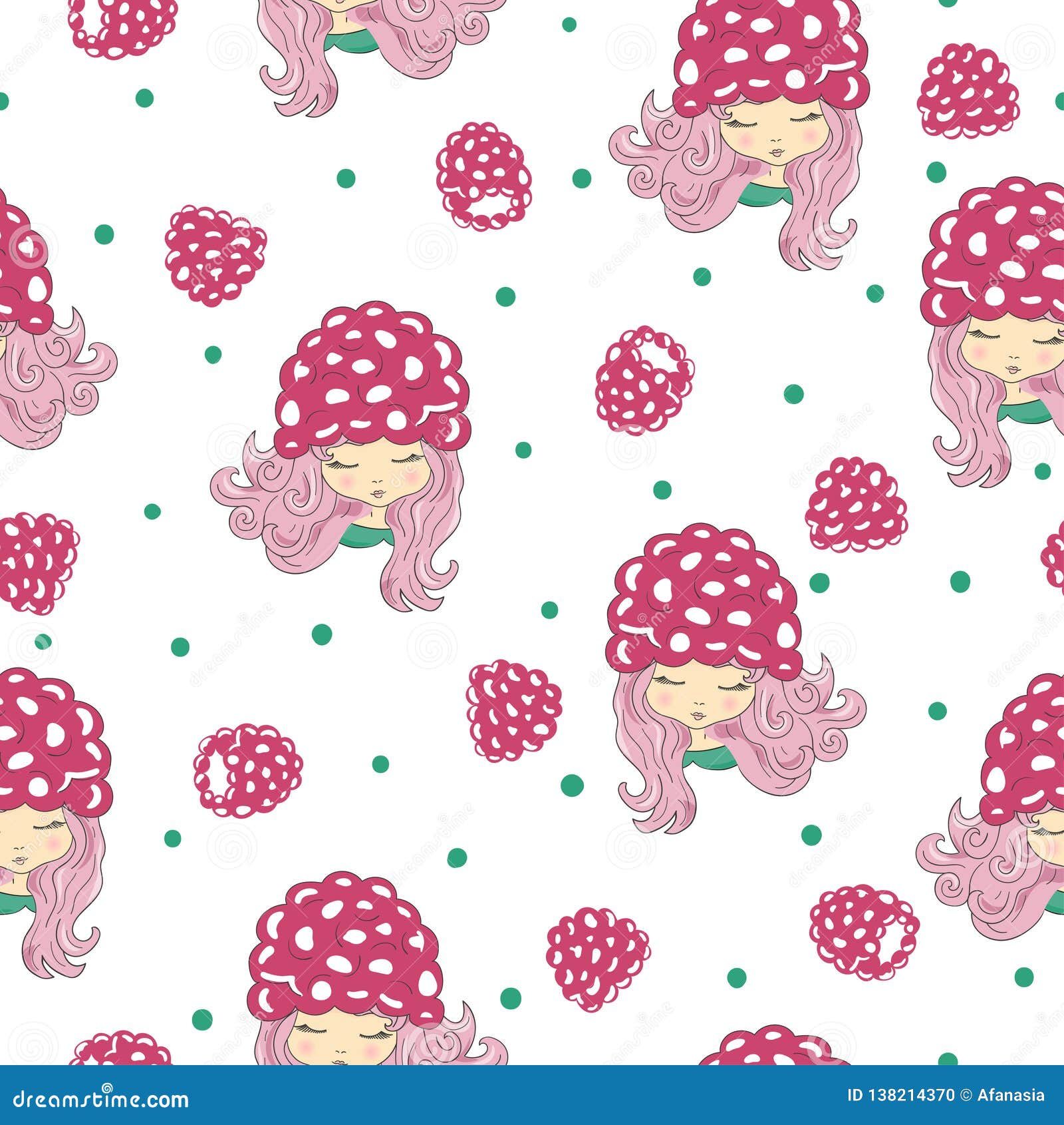 Seamless Summer Raspberry Pattern with Cute Cartoon Girl Stock Vector ...