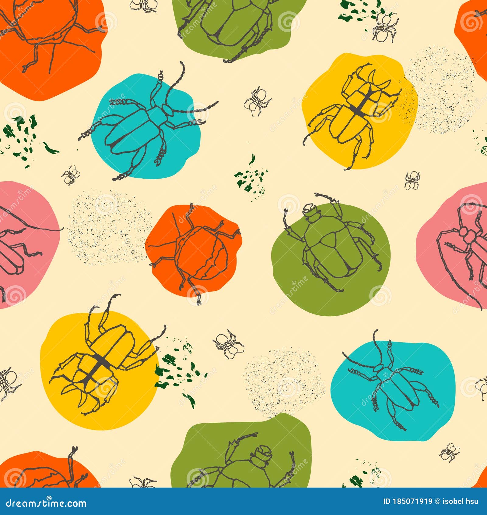 Seamless Summer Vibe Bug Pattern with Colorful Blobs and Hand-drawn ...
