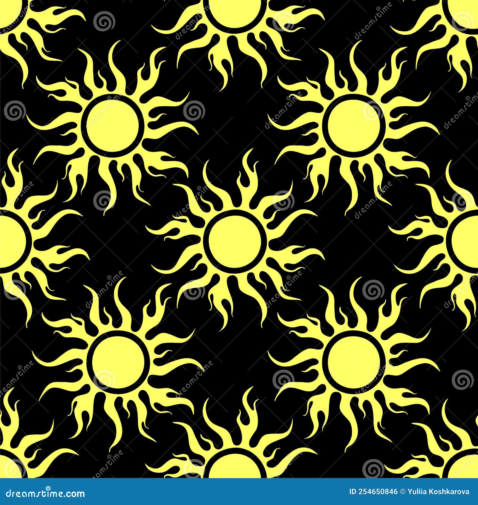 Seamless Symmetrical Graphic Pattern of Yellow Suns on a Black ...