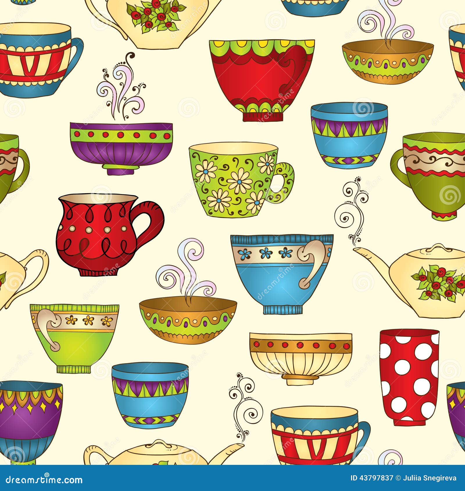 Seamless Tea Pattern with Doodle Teapots and Cups. Stock Vector ...
