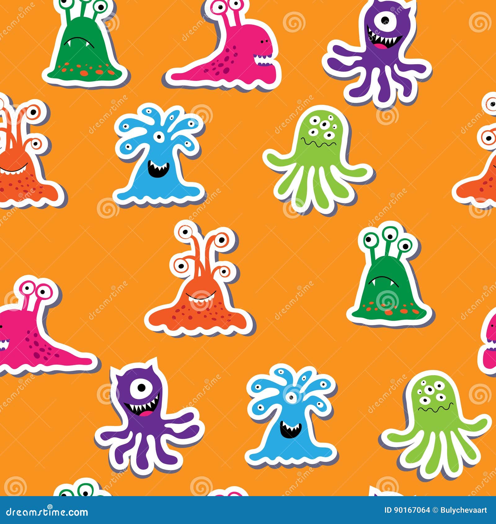 Seamless Texture with Cartoon Monsters on an Orange Background Stock ...