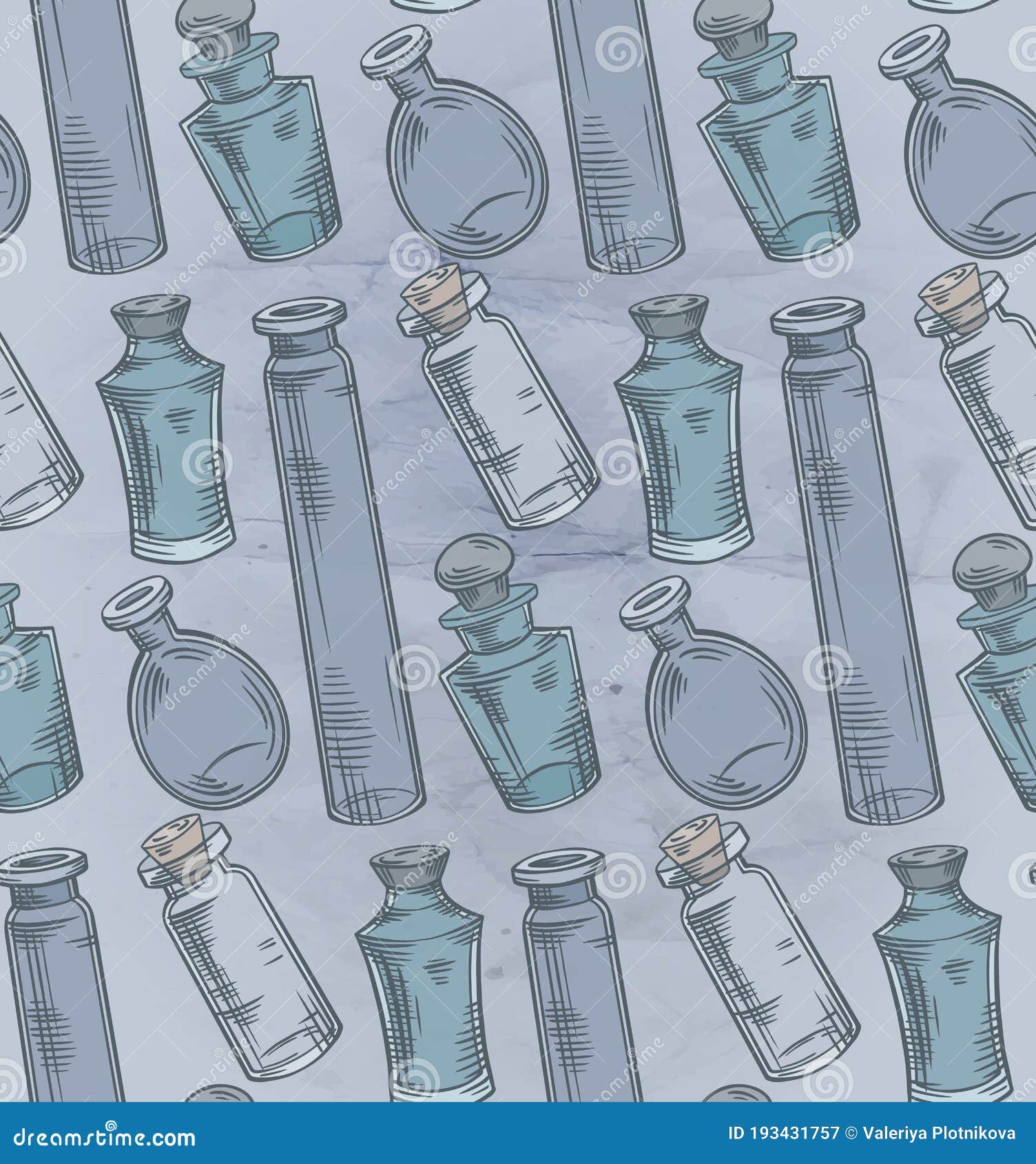 Seamless Texture with Colorful Sketch Bottles, Flasks and Jars on Old ...