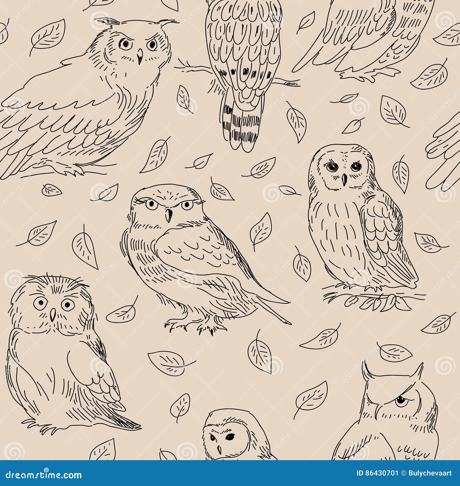 Seamless Texture of Cute Owls with Leaves Stock Vector - Illustration ...