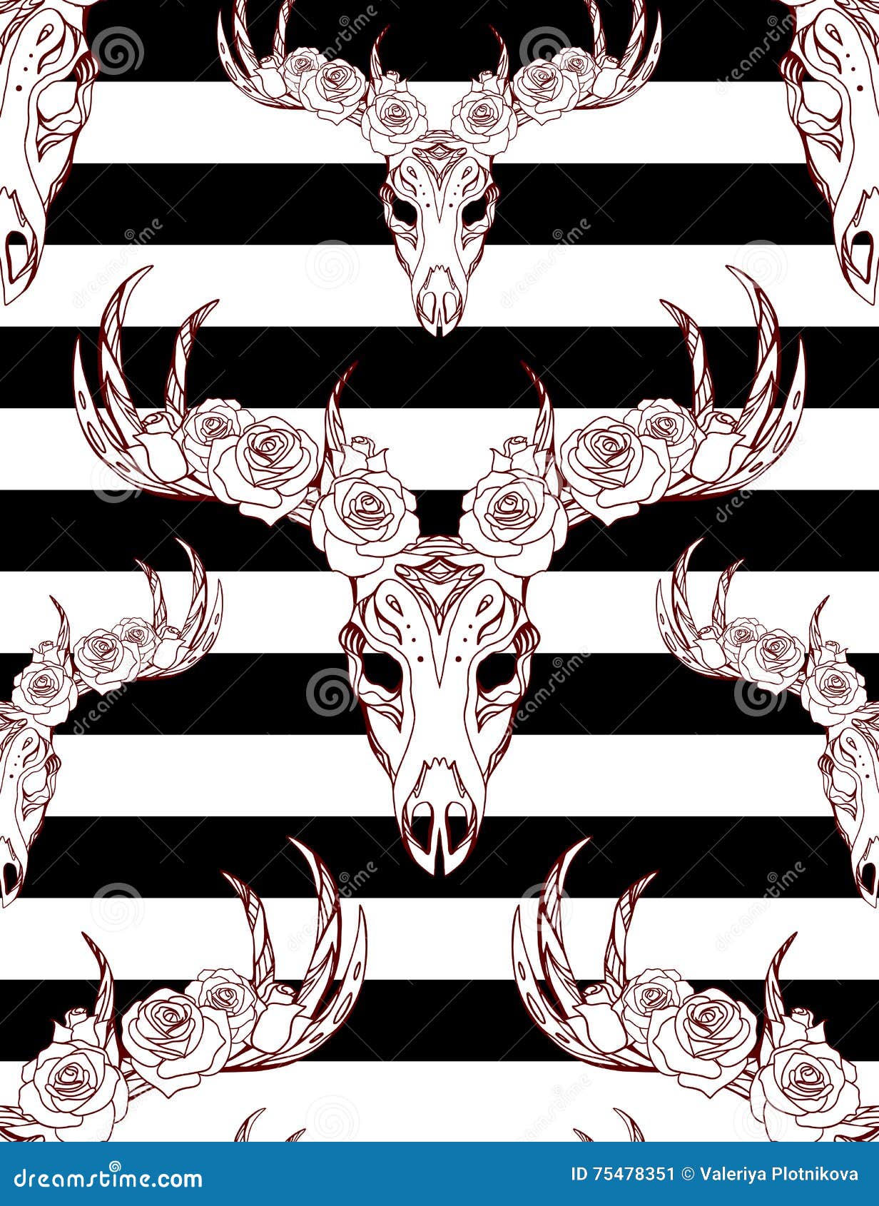 Seamless Texture with Deer Skulls, Roses and Stripes. Stock Vector ...
