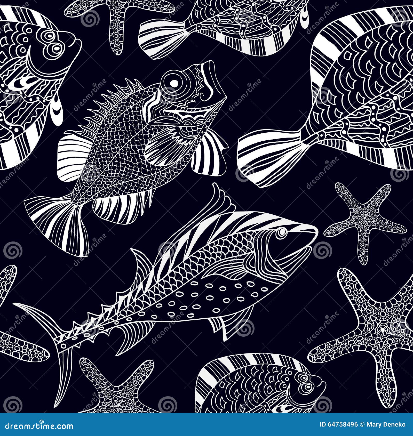 Seamless Texture With Fish And Starfish In Cartoon Style Vector ...