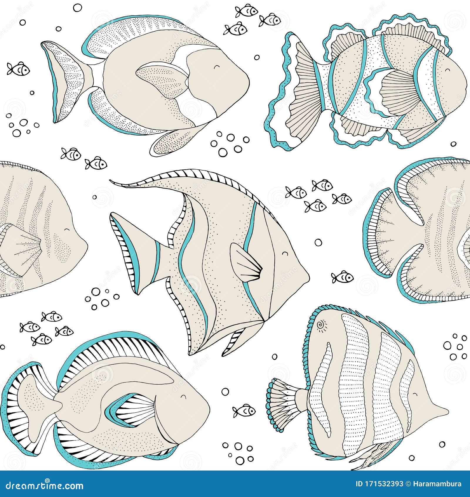 Seamless Texture with Fishes and Hand Drawn Elements Stock Illustration ...