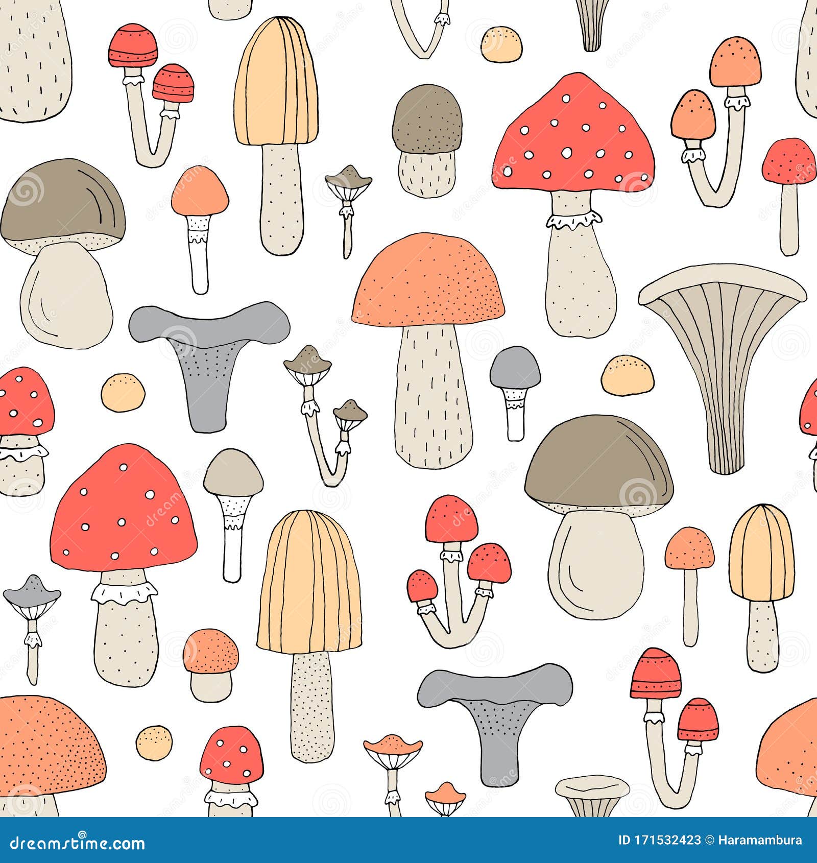 Seamless Texture with Forest Mushrooms and Hand Drawn Elements Stock ...