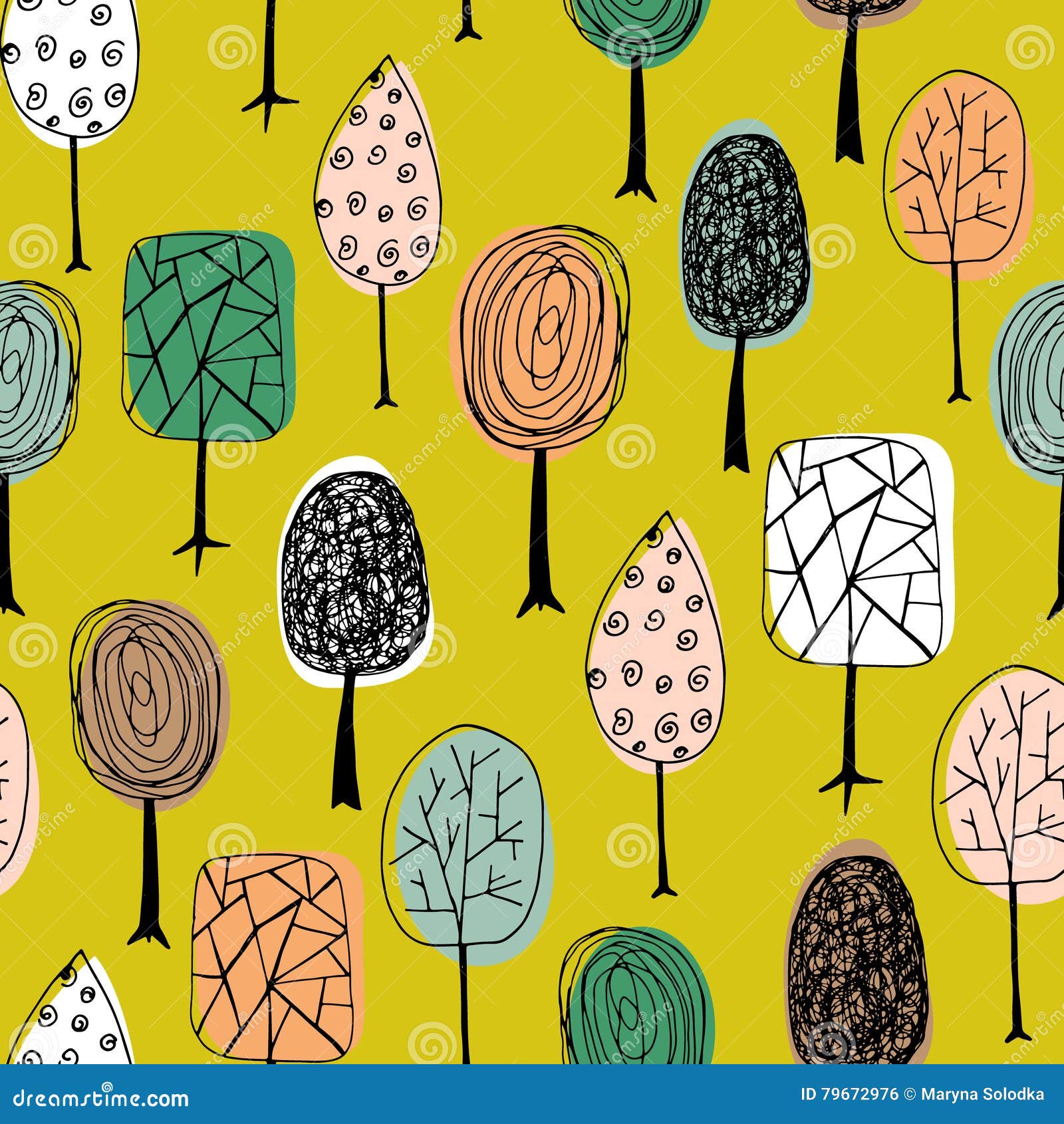 Seamless Texture with Hand Drawn Trees. Endless Hand Drawn Autumn ...