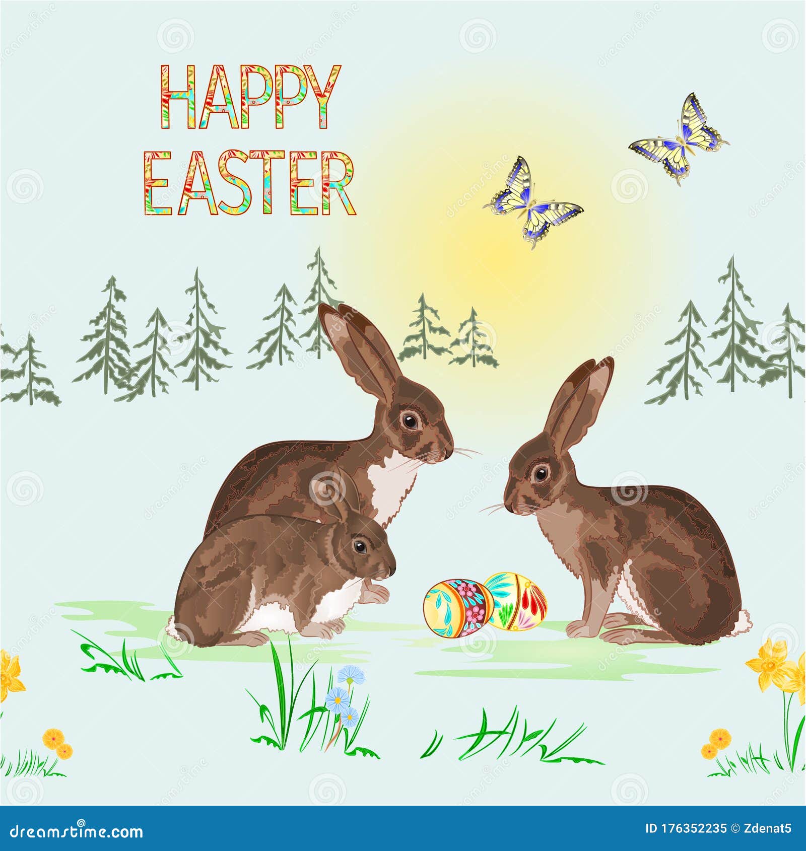 Seamless Texture Happy Easter Spring Landscape Forest Bunny and Rabbit ...