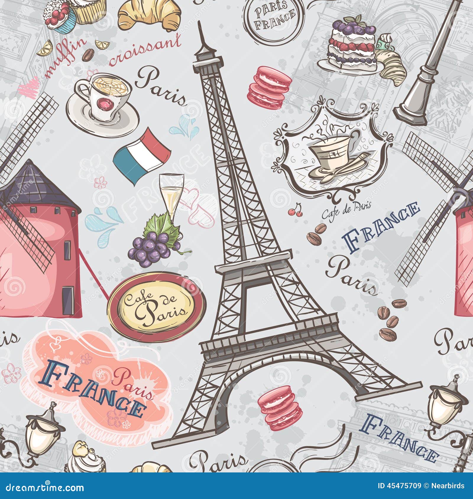 Seamless Texture with the Image of the Sights of Paris Stock Vector ...