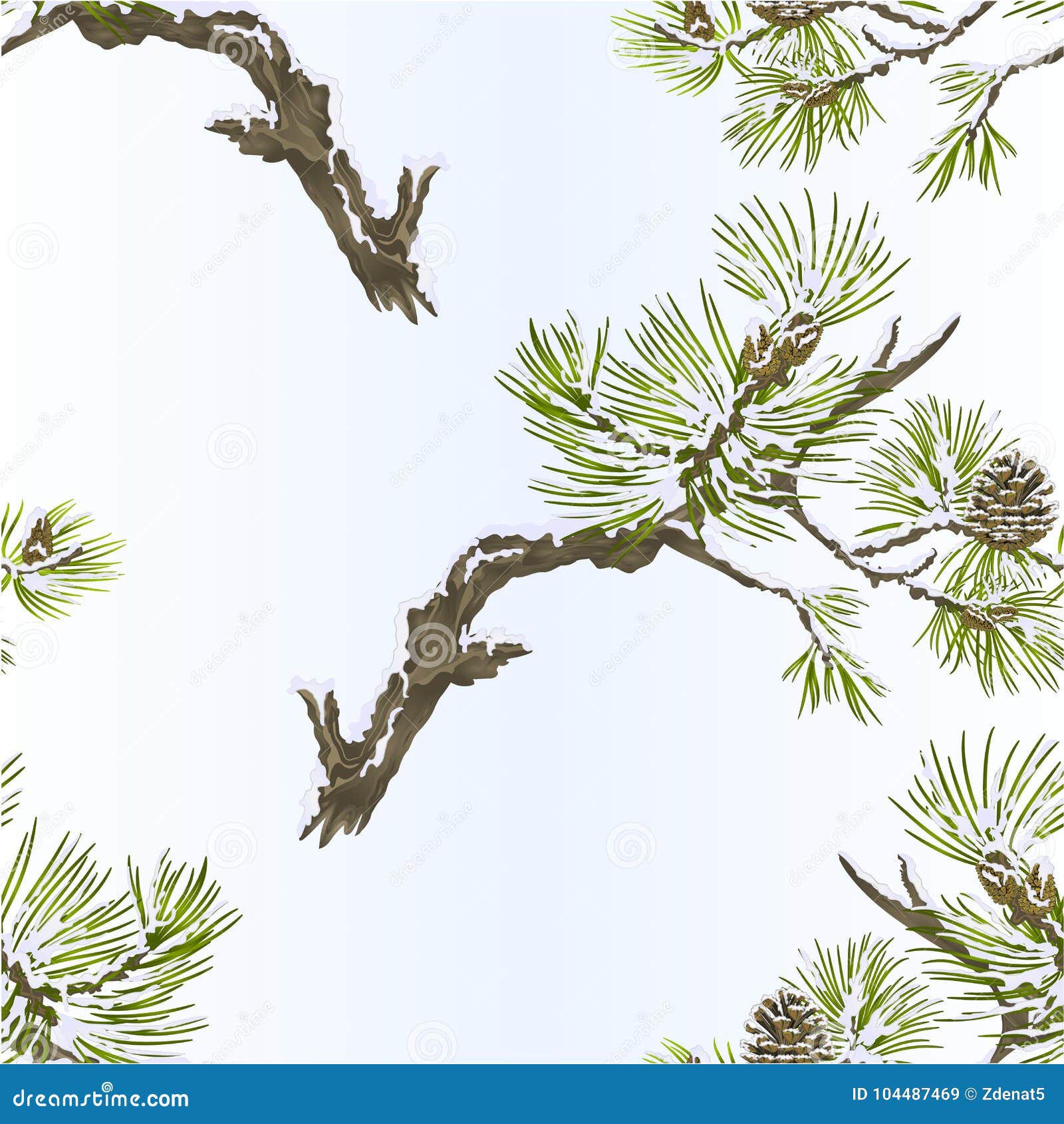 Seamless Texture Pine Branches and Cones Needles and Snow Vintage Vector Botanical Illustration ...