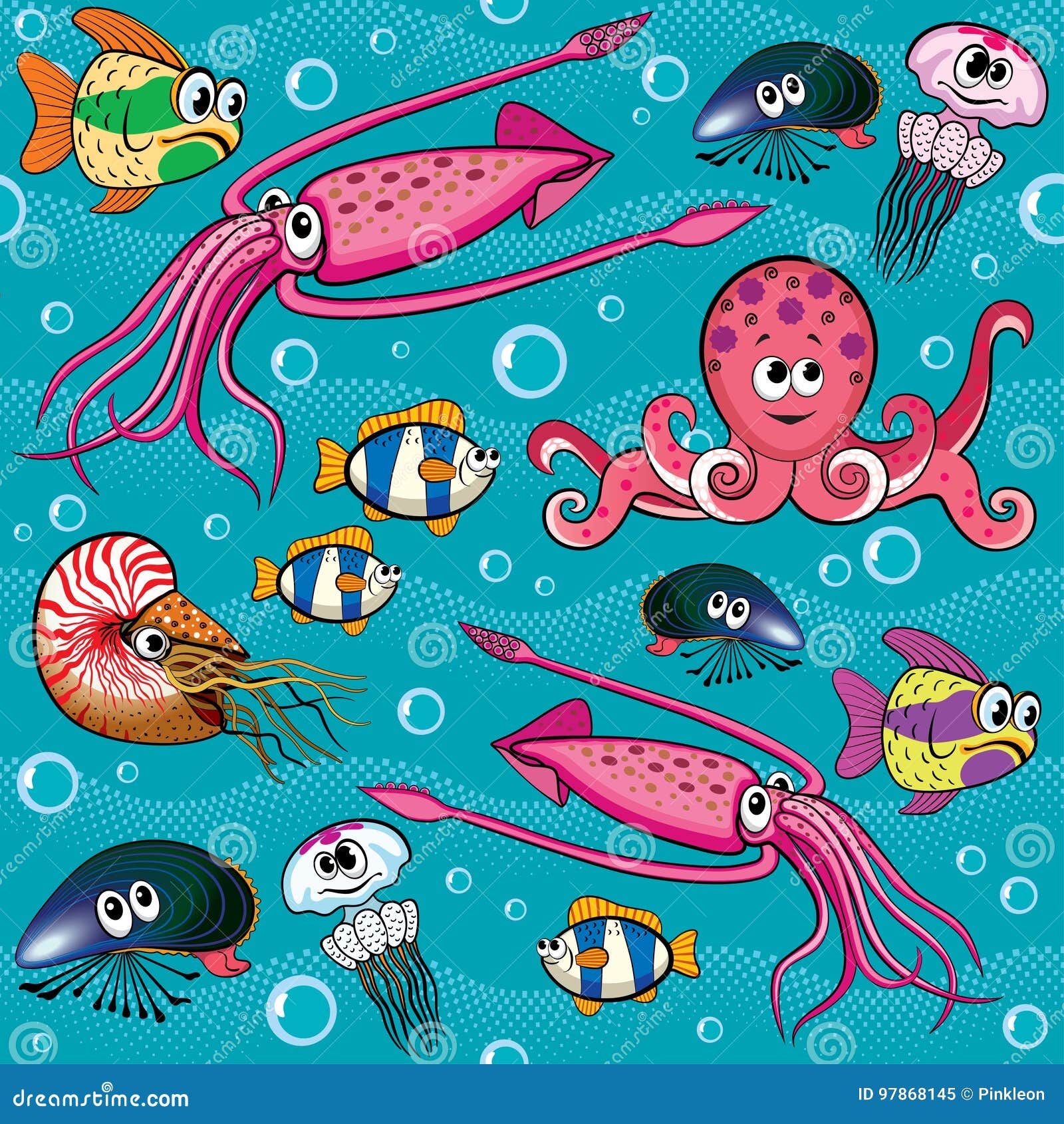 Seamless Texture with Sea Animals and Squid Stock Illustration ...
