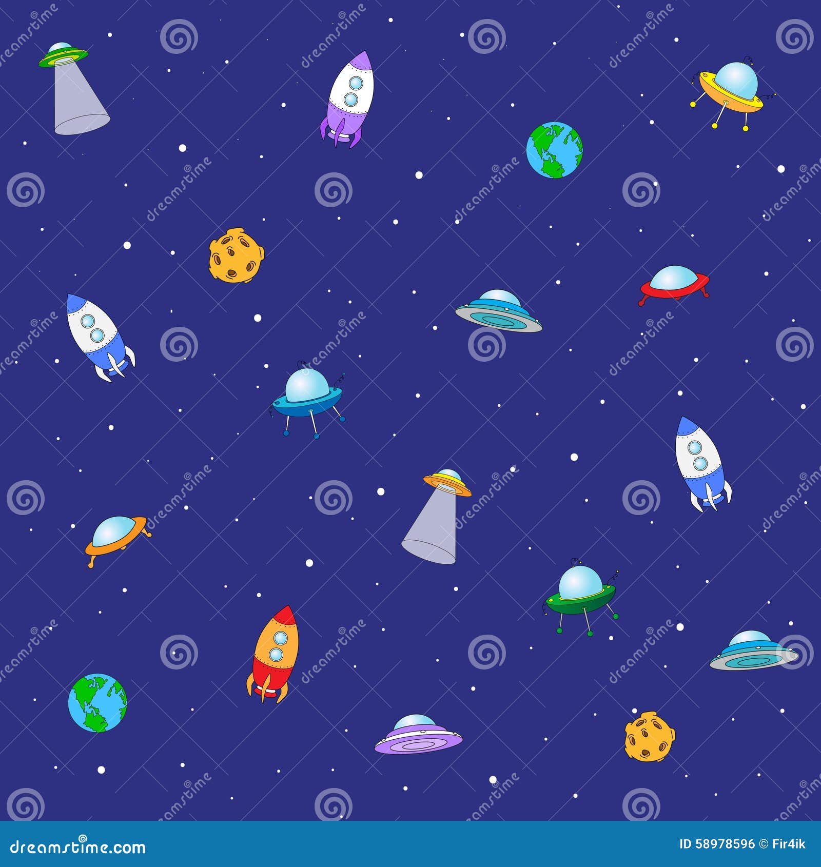 Seamless Texture With Space Rocket, Ufo, Earth And Moon. Vector ...